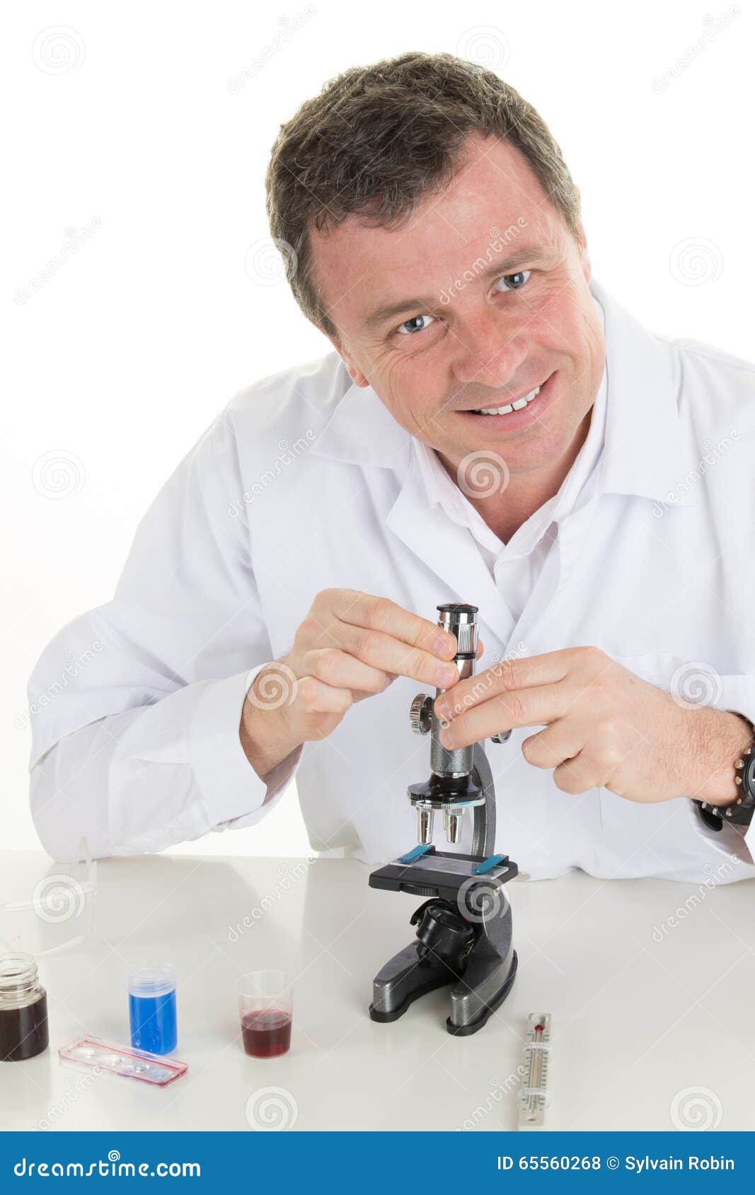 Male Researcher with Microscope - Portrait of a Man Stock Photo - Image ...