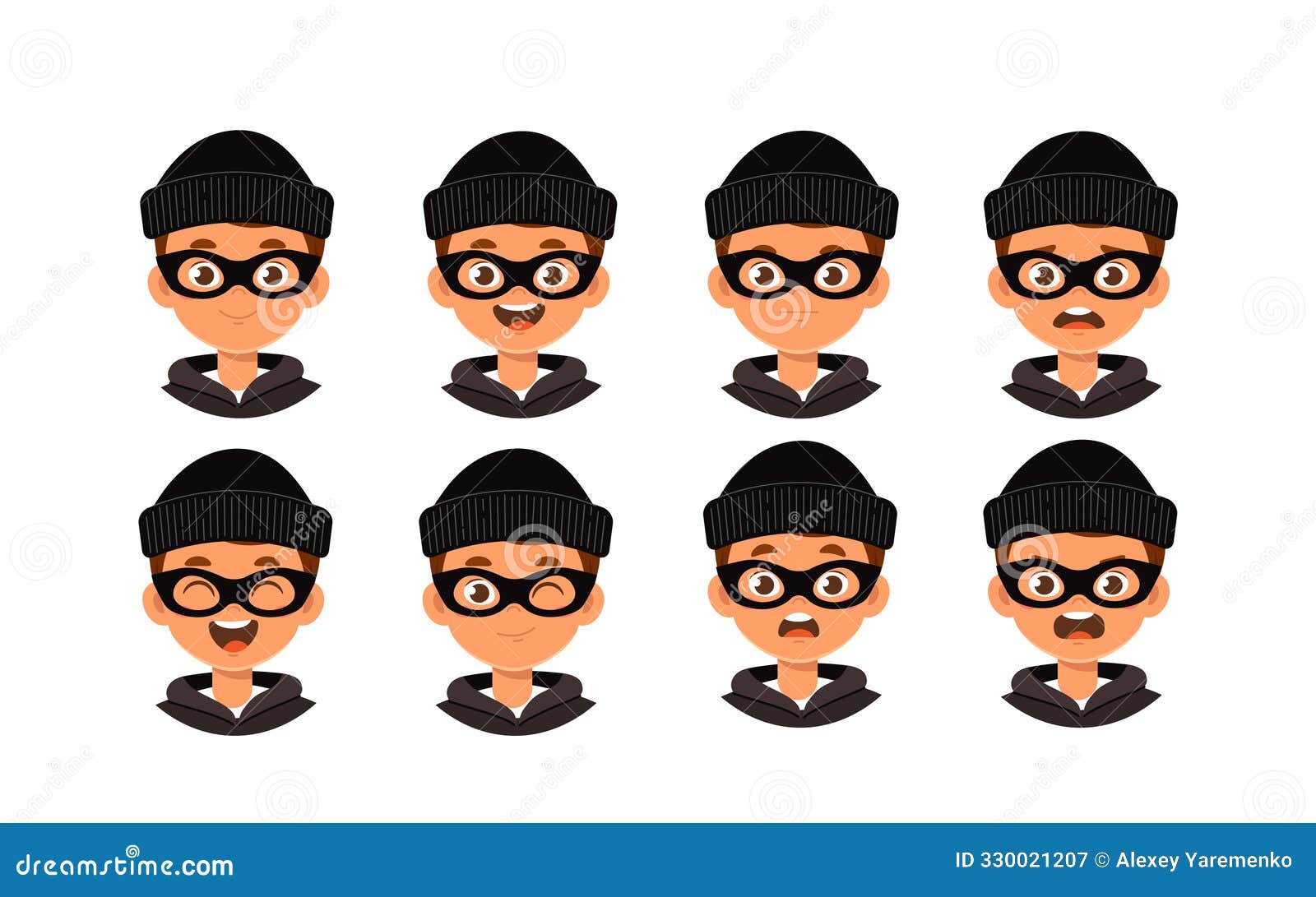 Male Robber Constructor. Man in Black Mask and Hat Different Emotions ...