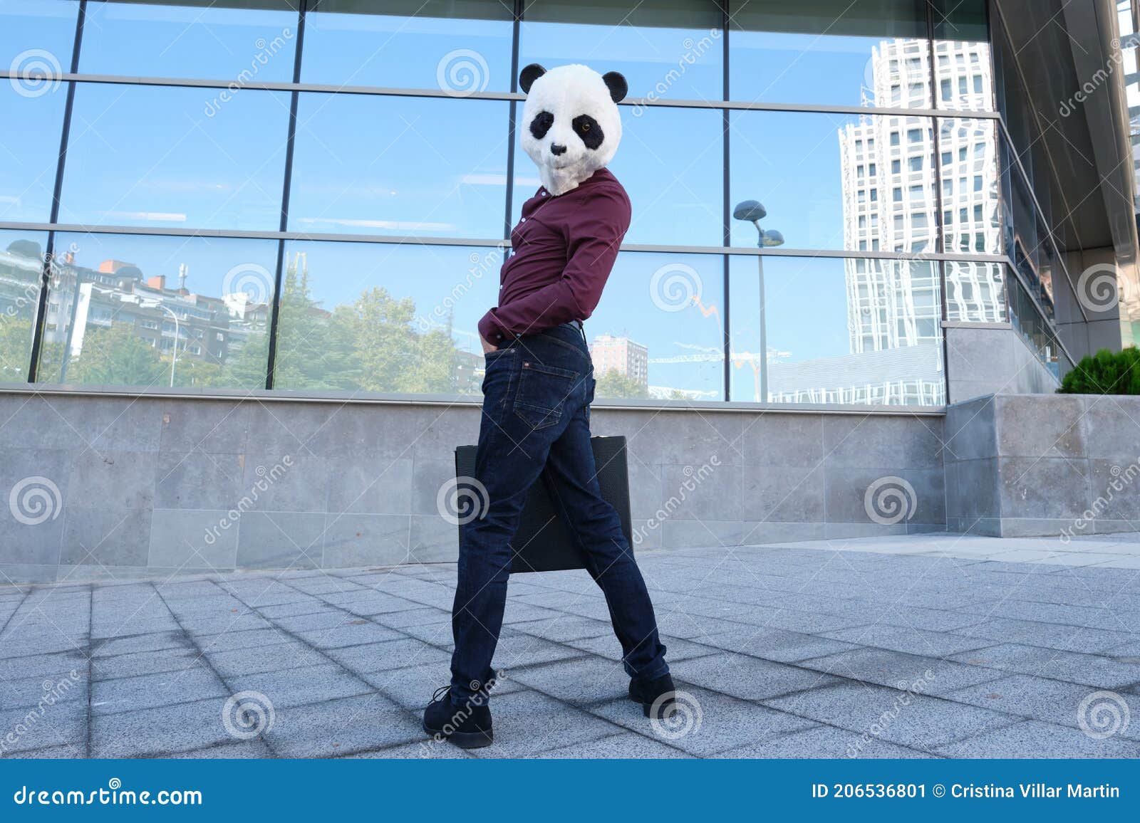 Male Robber Wearing a Panda Head Mask Stealing a Briefcase Looking Back ...