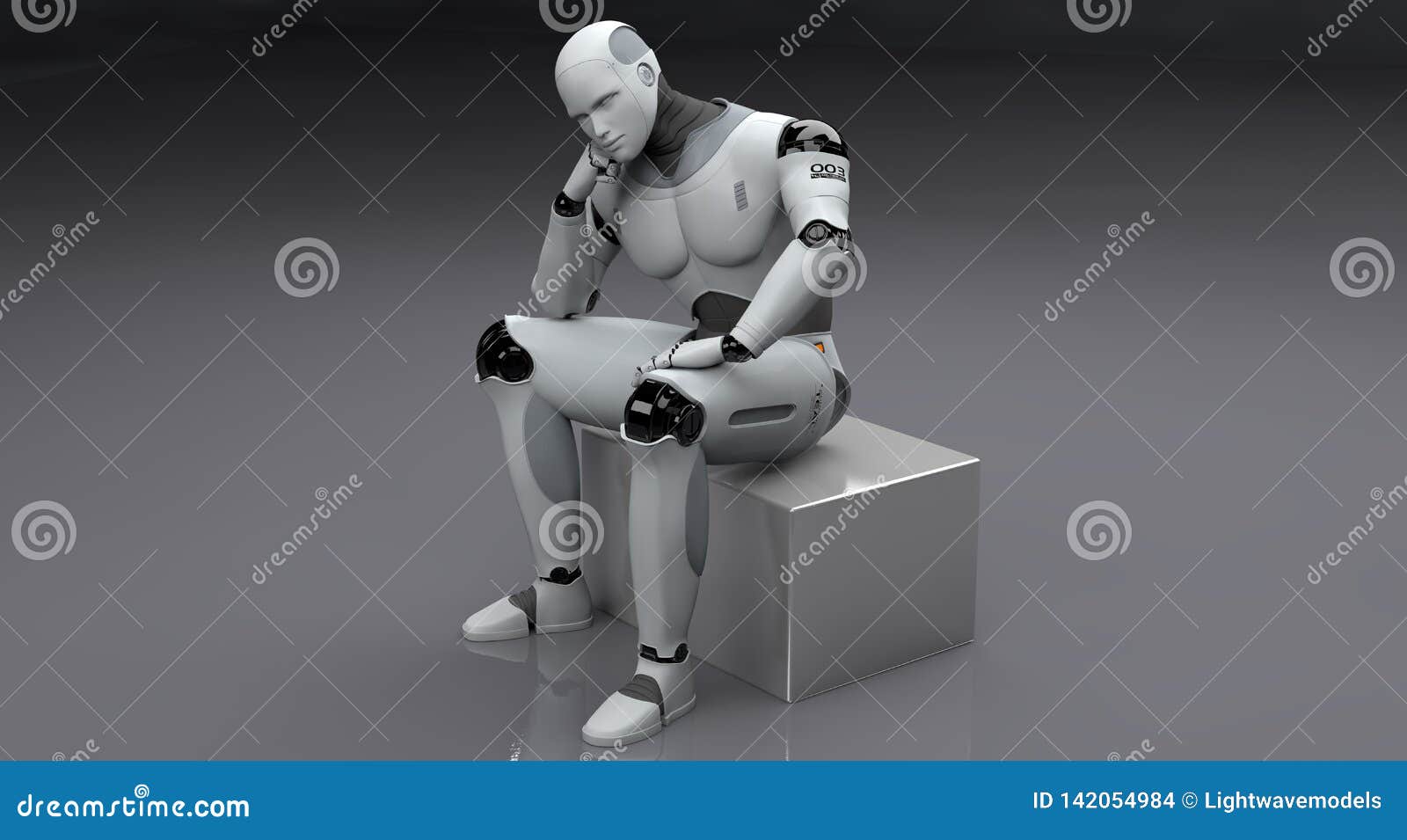 Male Robot Sitting Thinking Stock Illustration - Illustration of sign ...