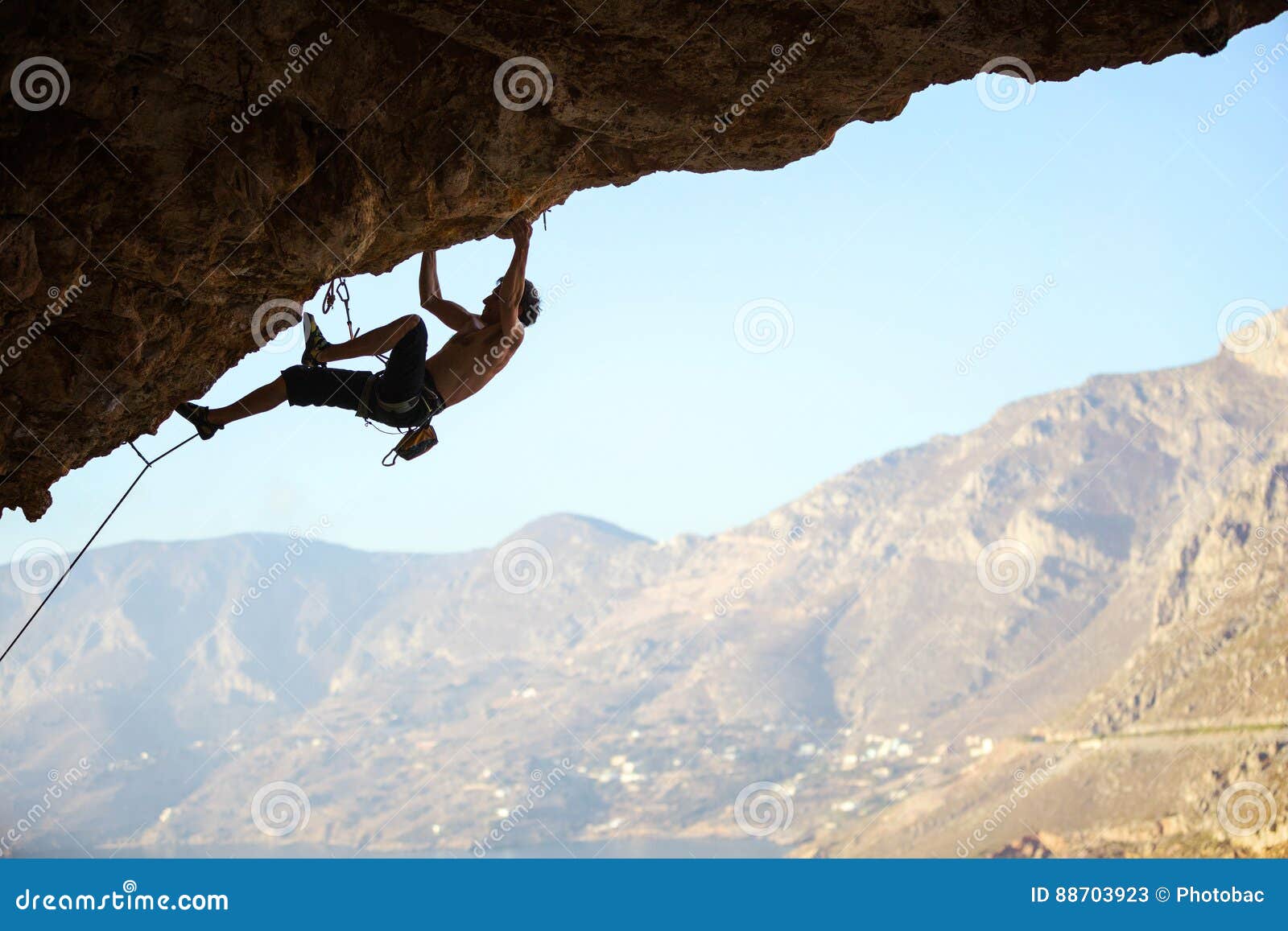 Male Rock Climber on Challenging Route on Cliff Stock Image - Image of ...