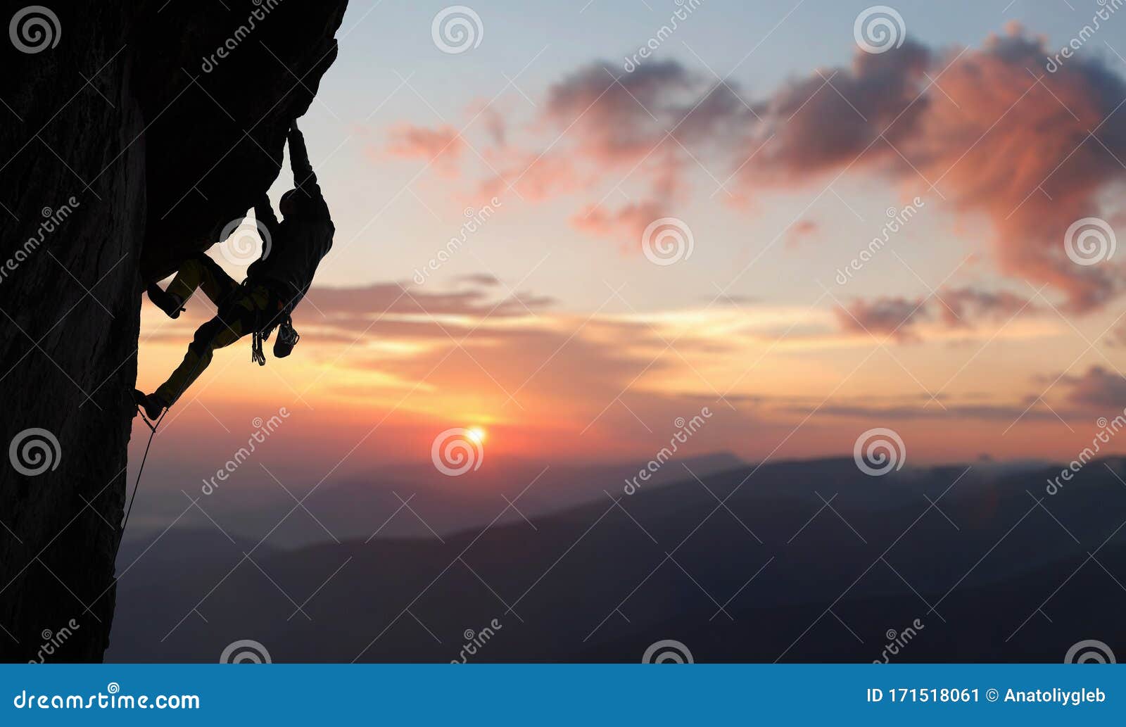 Male Rock Climbing Pulling Up, Doing Next Step Reaching Top. Side View ...