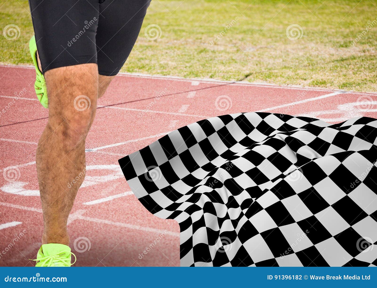 Male Runner Legs on Start Line with Checkered Flag Stock Illustration ...