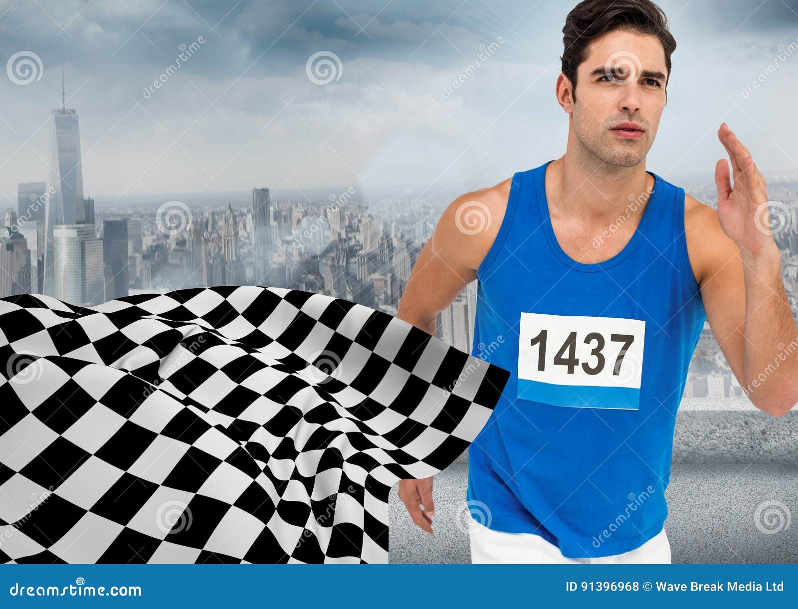 Male Runner Sprinting Against Skyline and Checkered Flag Stock Photo ...