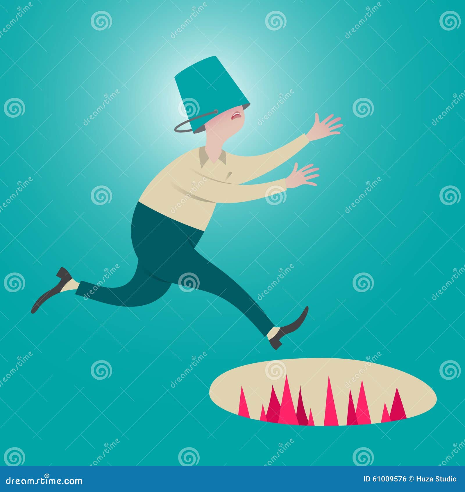 Male Running with a Bucket Head. Unseen Pitfall Ahead Stock Vector ...