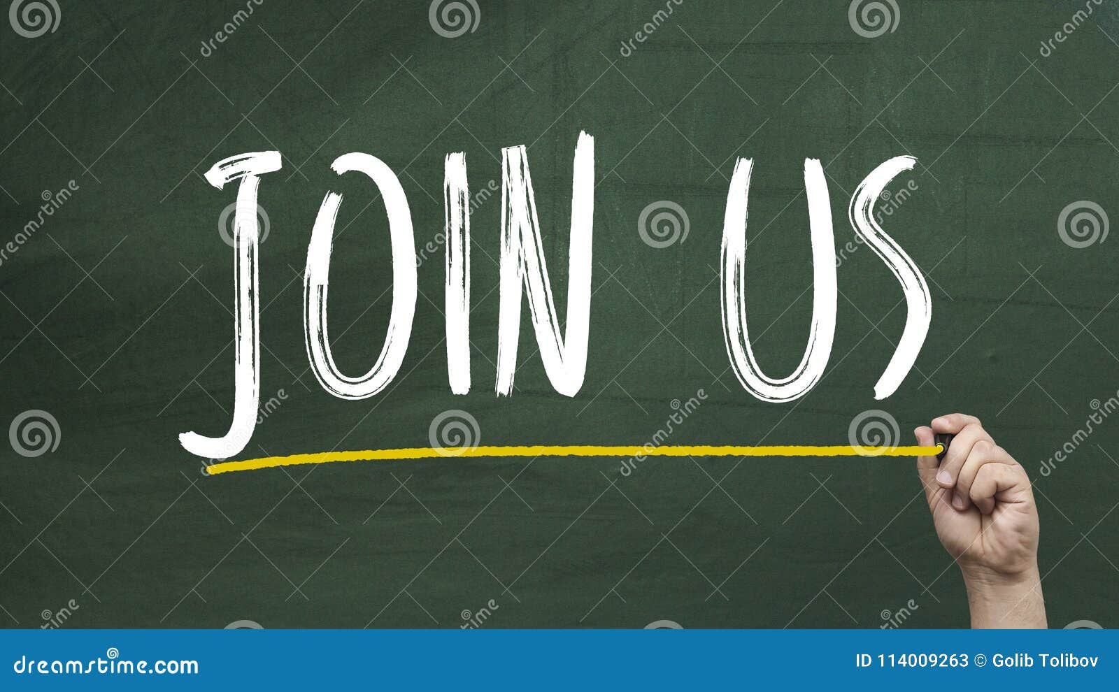 Male`s Hand Writing Join Us on Green Blackboard Stock Image - Image of ...
