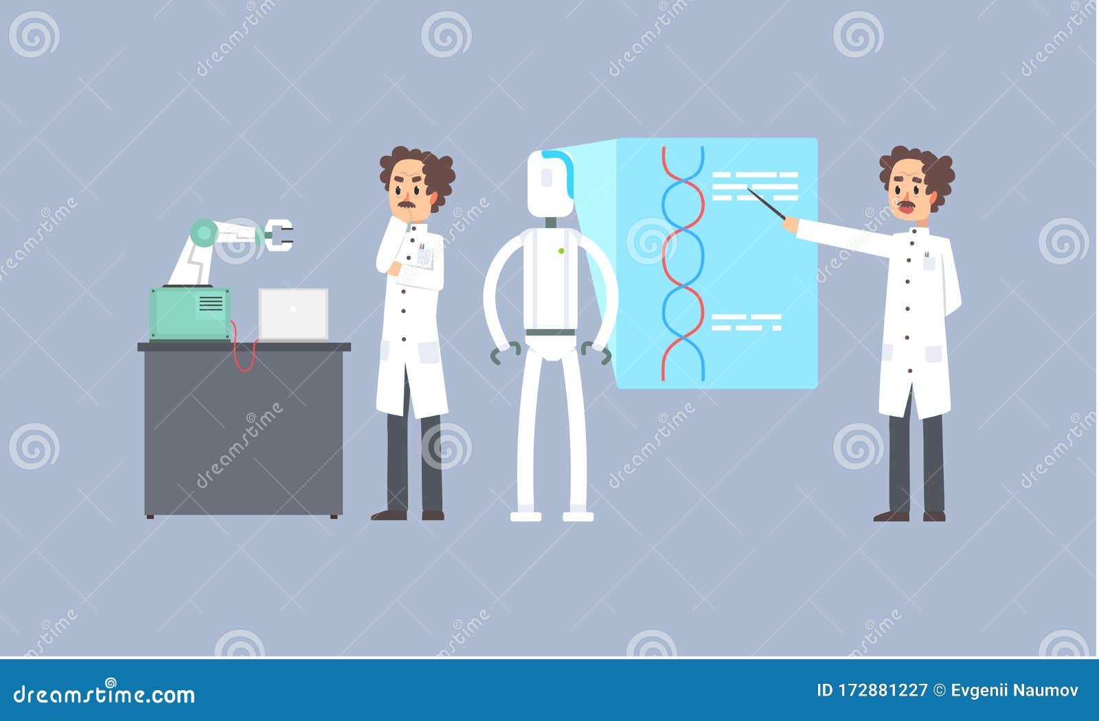 Robots With Scientist In Protective Suit Making Experiments In Lab ...