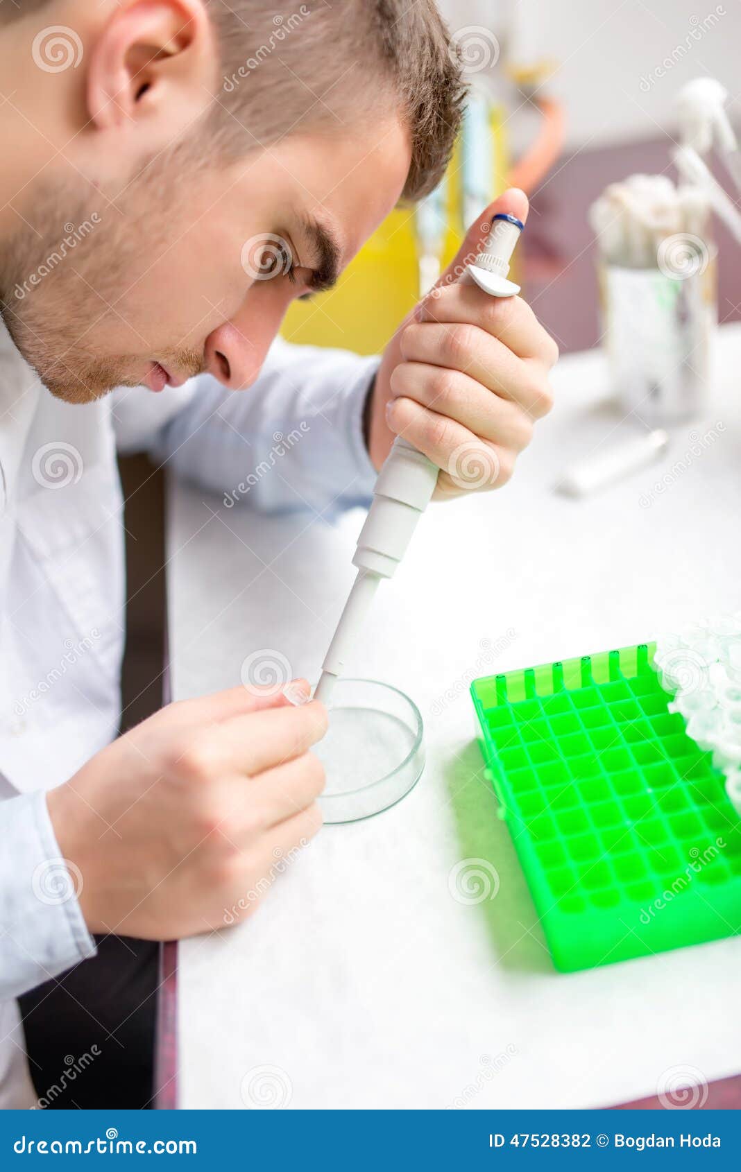 Male Scientist and Chemist Examining Samples and Chemical Elements ...
