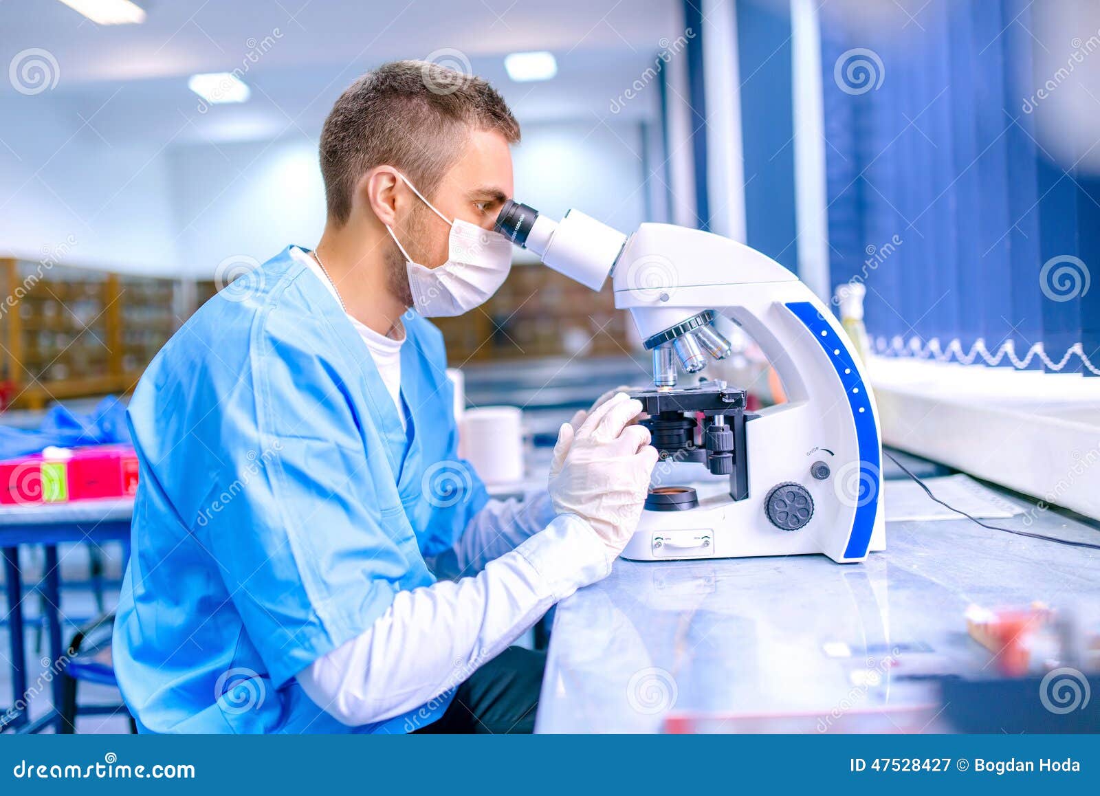 Male Scientist, Chemist Working with Microscope in Pharmacy Stock Image ...