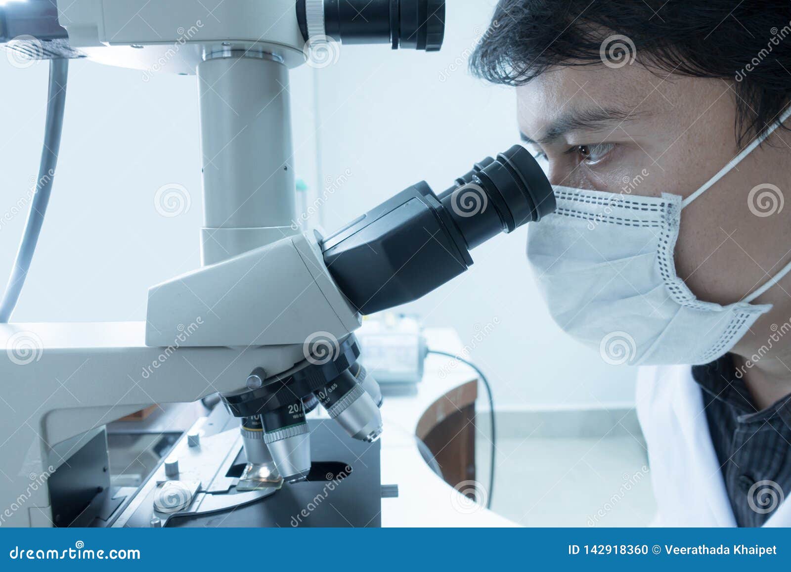 Male Scientist Doing Microscope for Chemistry Test Samples, Examining ...