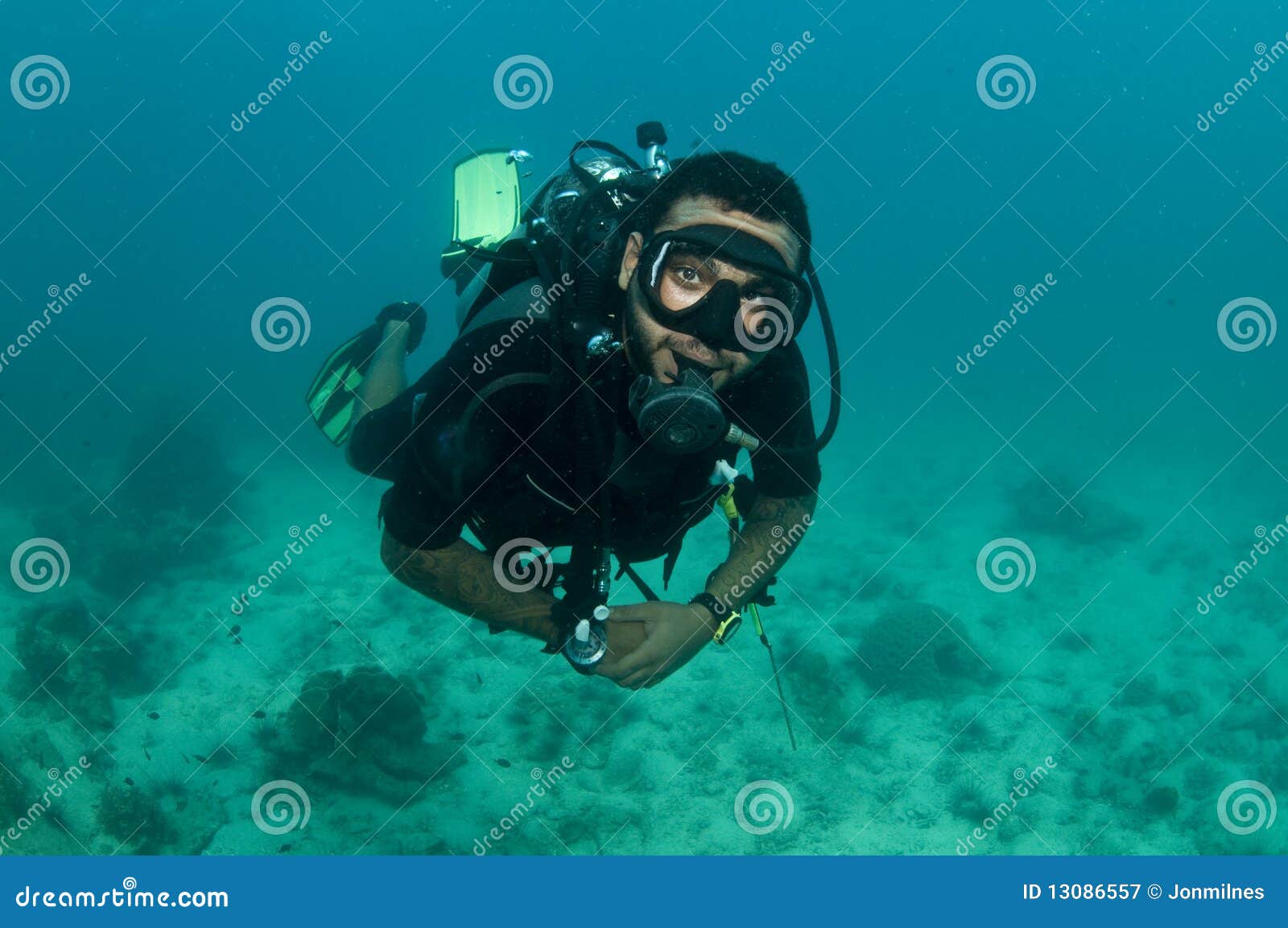 Male Scuba Diver Swimming Over Reef Stock Image - Image of leisure ...