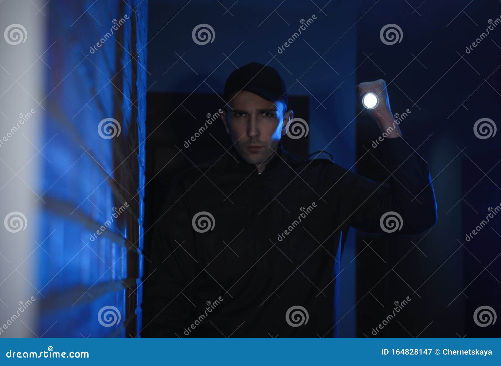 Male Security Guard with Flashlight in Corridor Stock Image - Image of ...