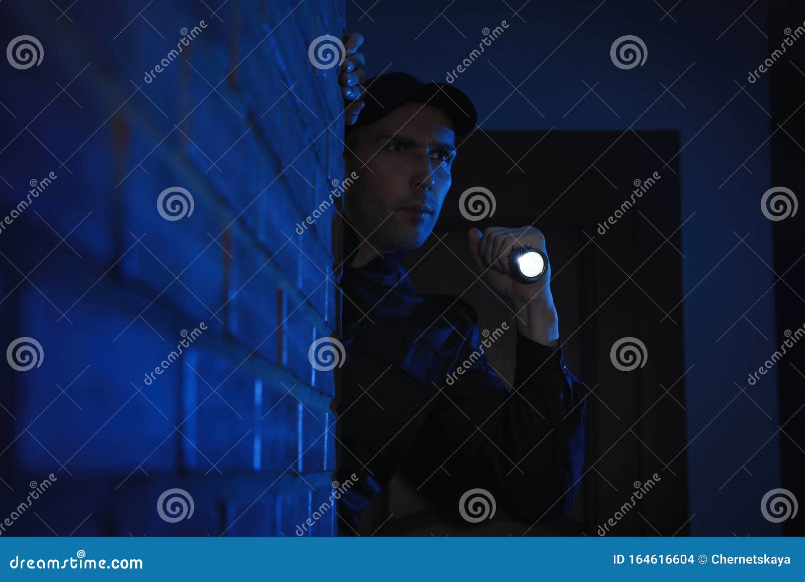 Male Security Guard with Flashlight in Corridor Stock Photo - Image of ...