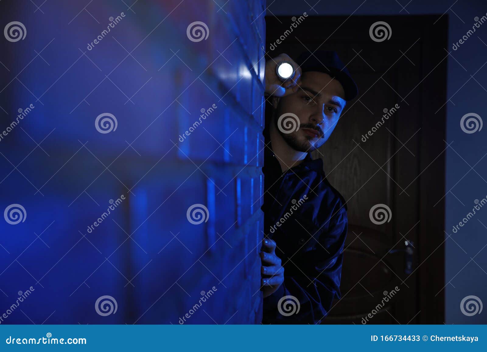 Male Security Guard with Flashlight in Corridor Stock Image - Image of ...