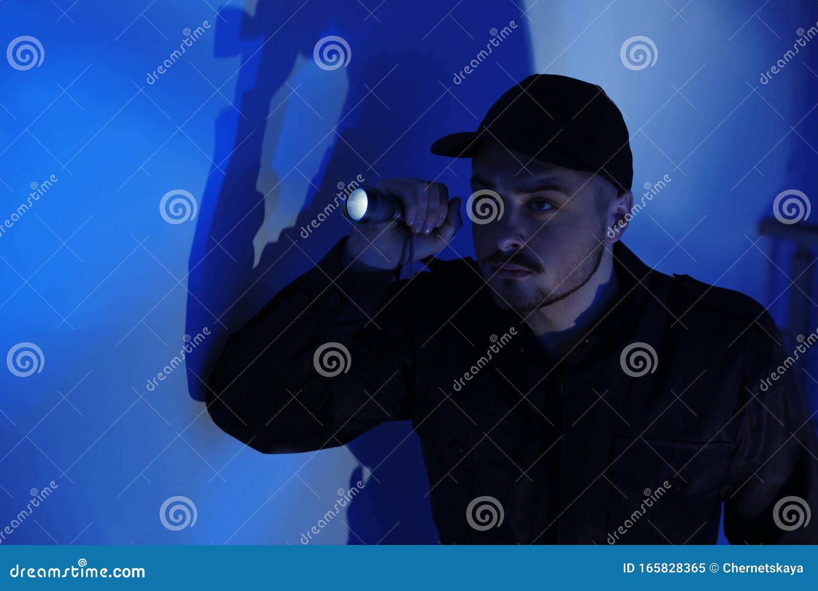 Male Security Guard with Flashlight in Room Stock Image - Image of male ...