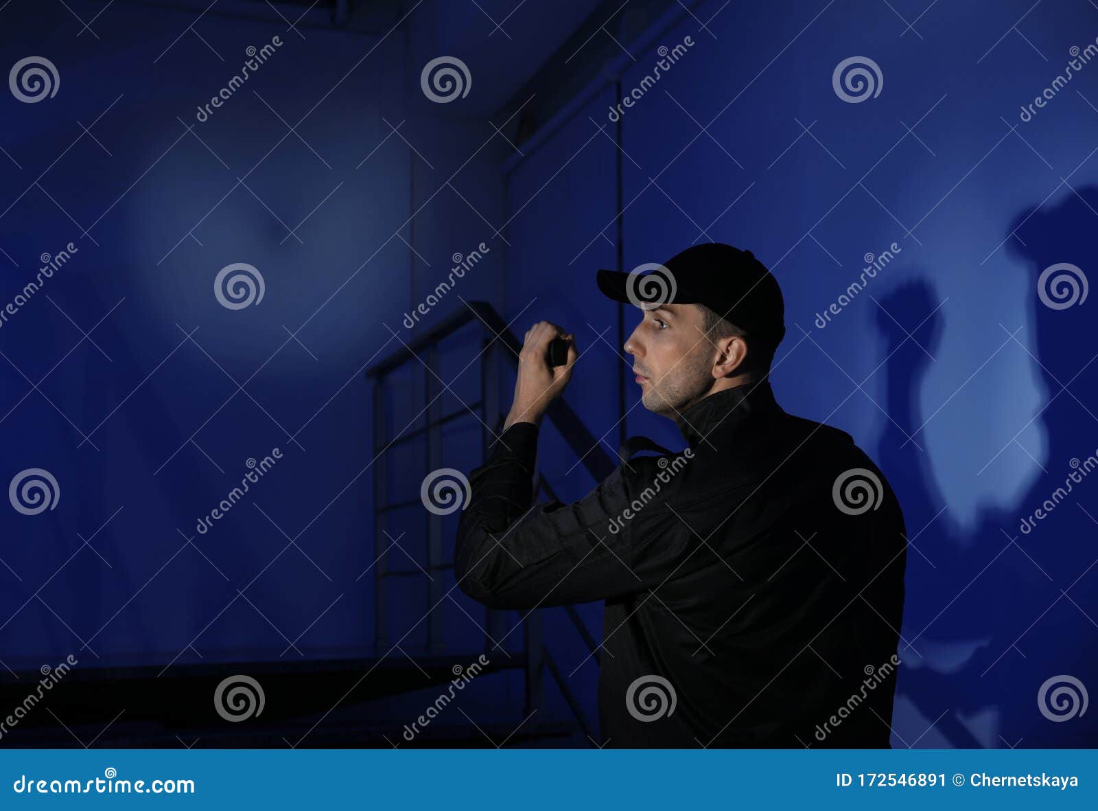 Male Security Guard with Flashlight Going Up Stairs Stock Image - Image ...
