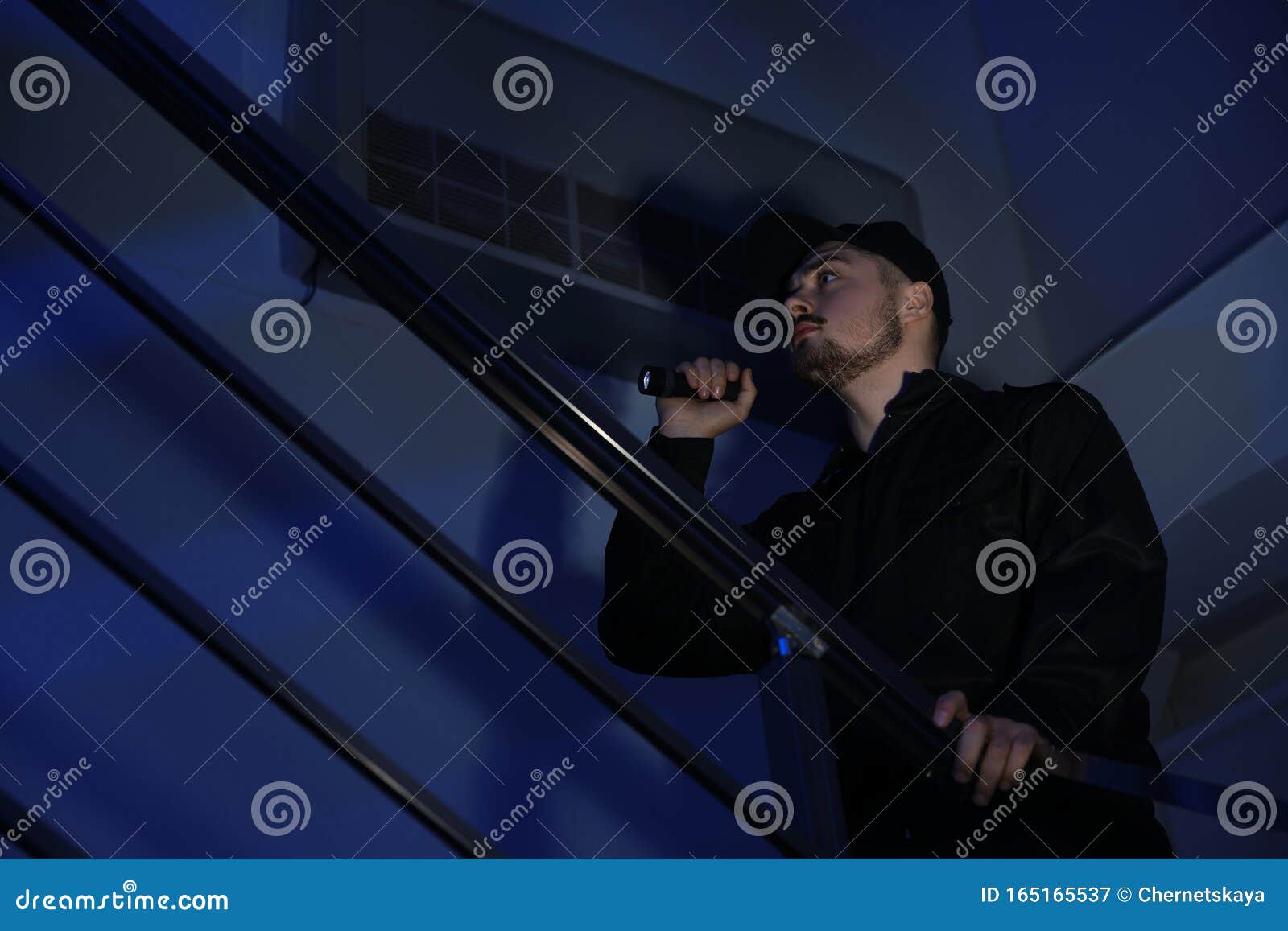 Male Security Guard with Flashlight on Stairs Stock Image - Image of ...