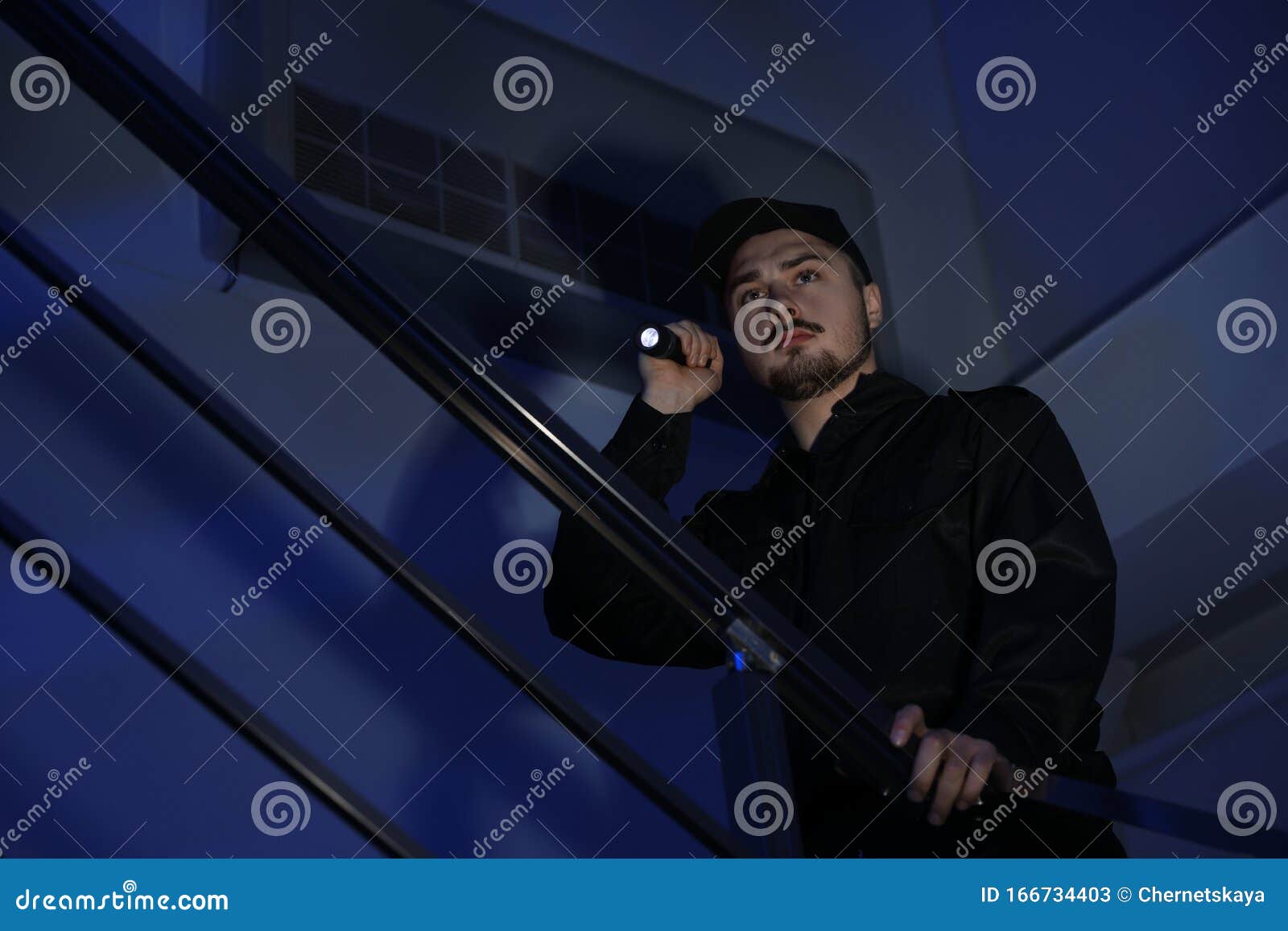 Male Security Guard with Flashlight on Stairs Stock Image - Image of ...