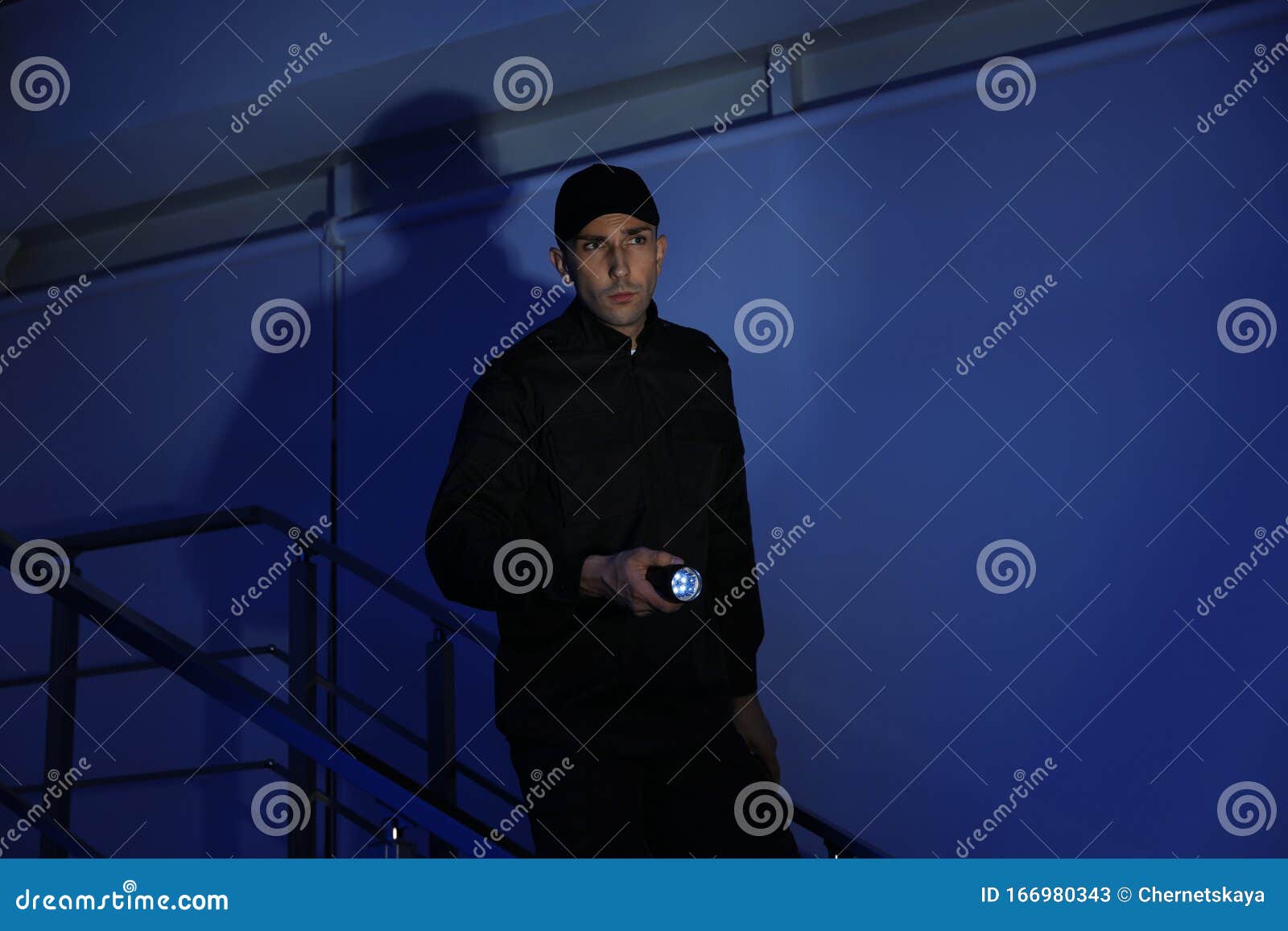 Male Security Guard with Flashlight on Stairs Stock Image - Image of ...