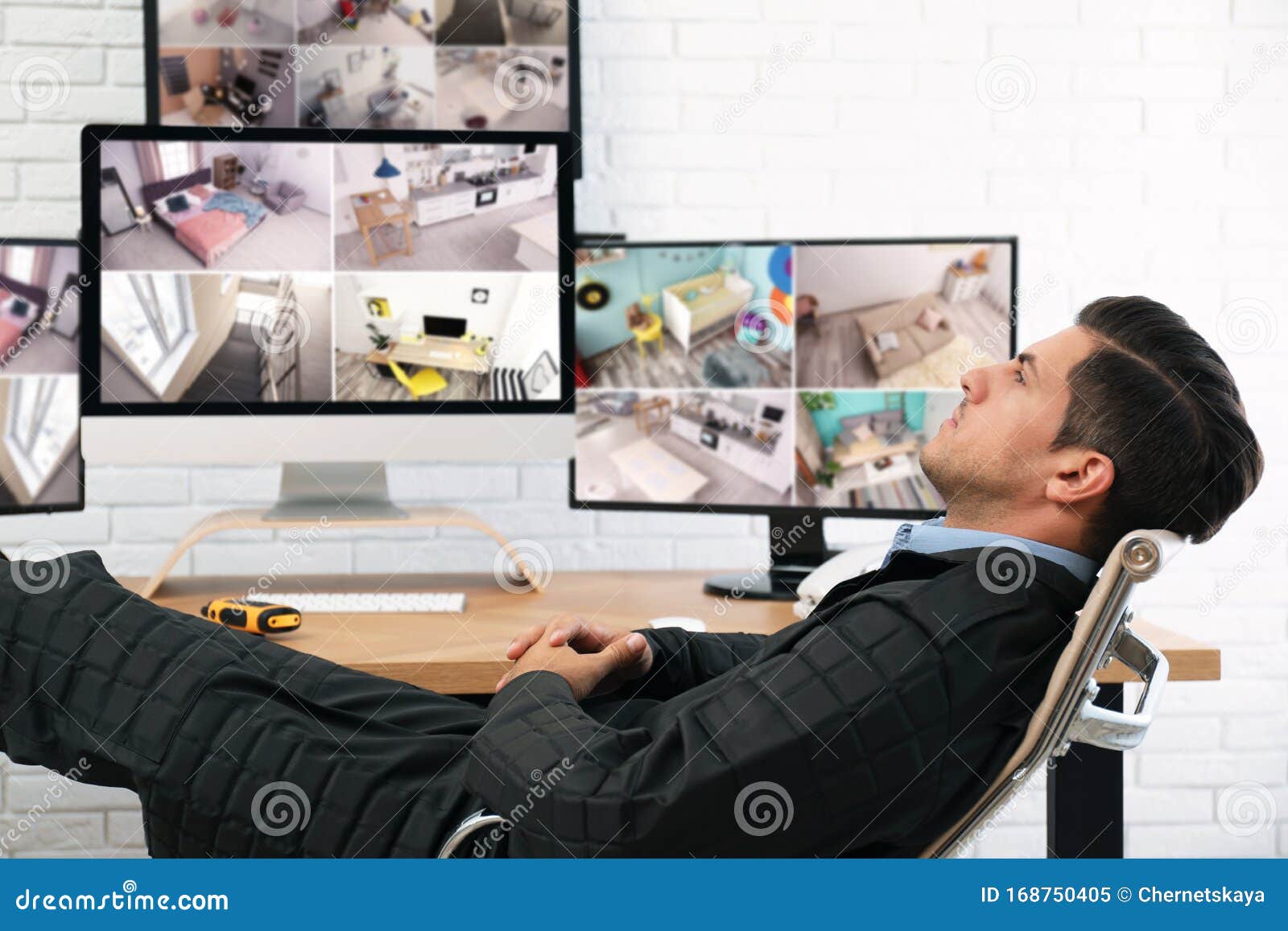 Male Security Guard Resting Near Monitors Stock Image - Image of cctv ...