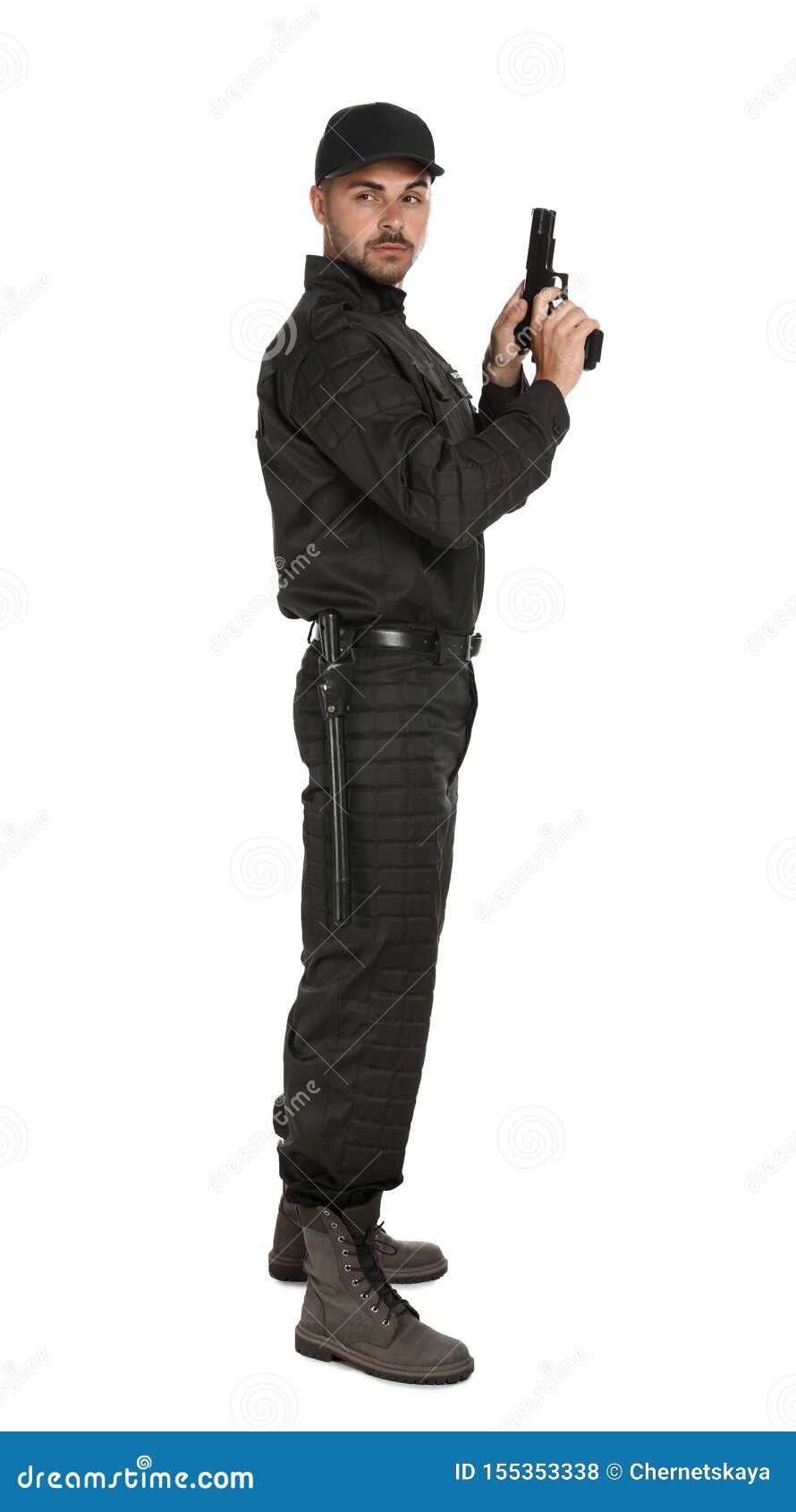 Male Security Guard in Uniform Gun on White Background Stock Photo ...
