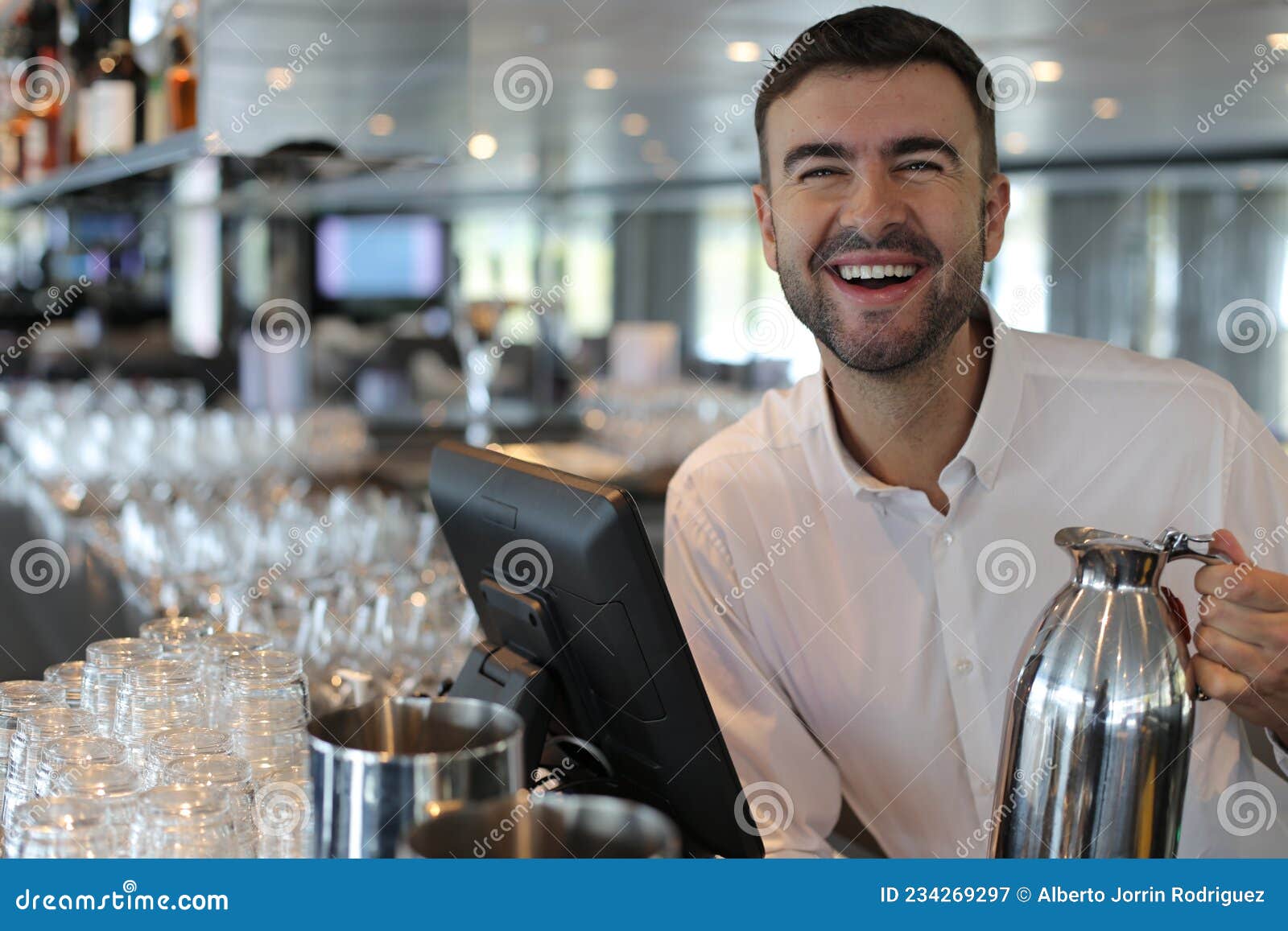 Male Server Smiling Behind the Counter Stock Image - Image of cafe ...
