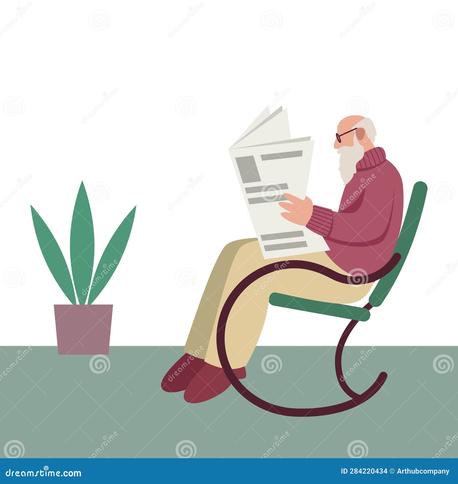 Male Sitting On Rocking Chair And Reading Newspaper Elderly Senior