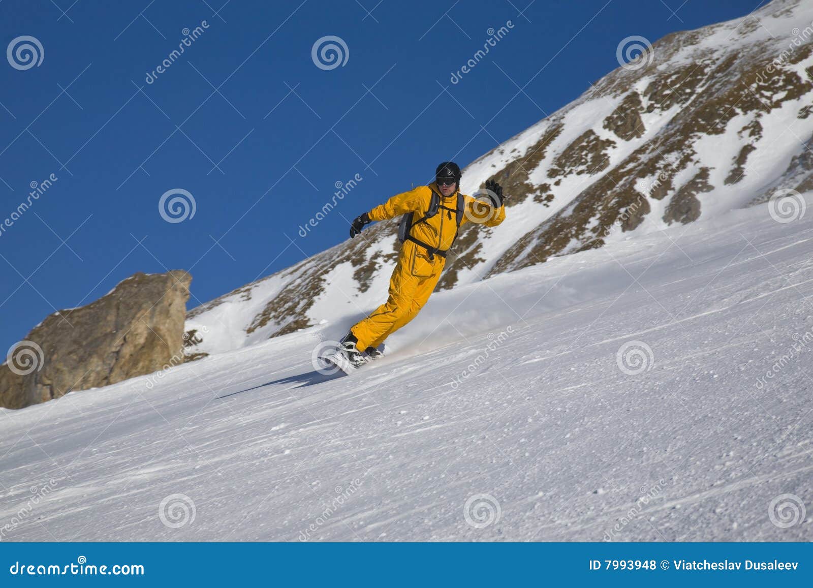 Male on Snowboard on the Slope of Mountain Stock Photo - Image of ...