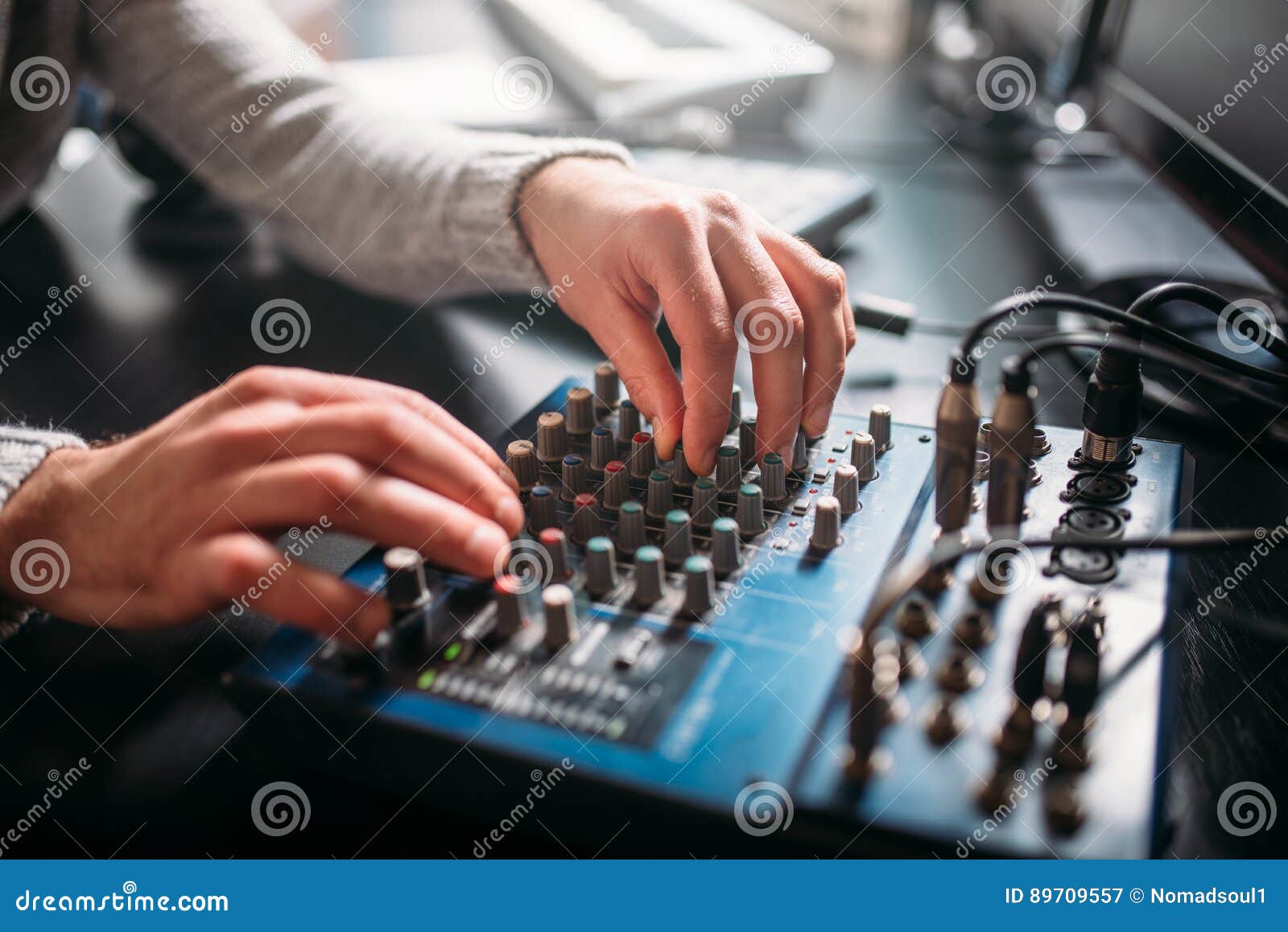 Male Sound Engineer Hands on Volume Control Panel Stock Image - Image ...