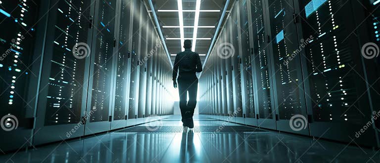 A Male it Specialist Walks between Rows of Operational Server Racks in ...