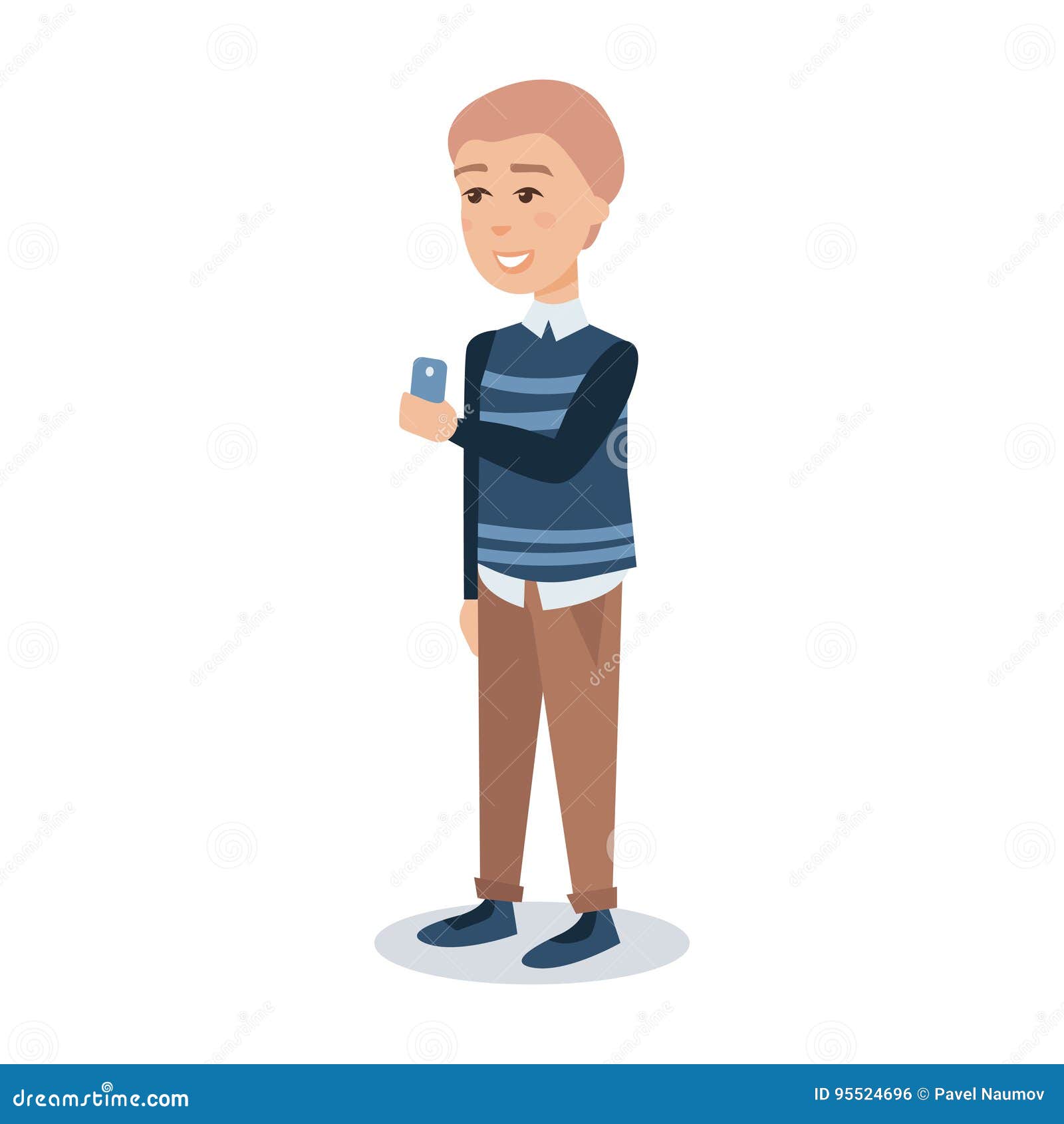 Male Student in a Blue Pullover Standing with a Mobile Phone in His ...