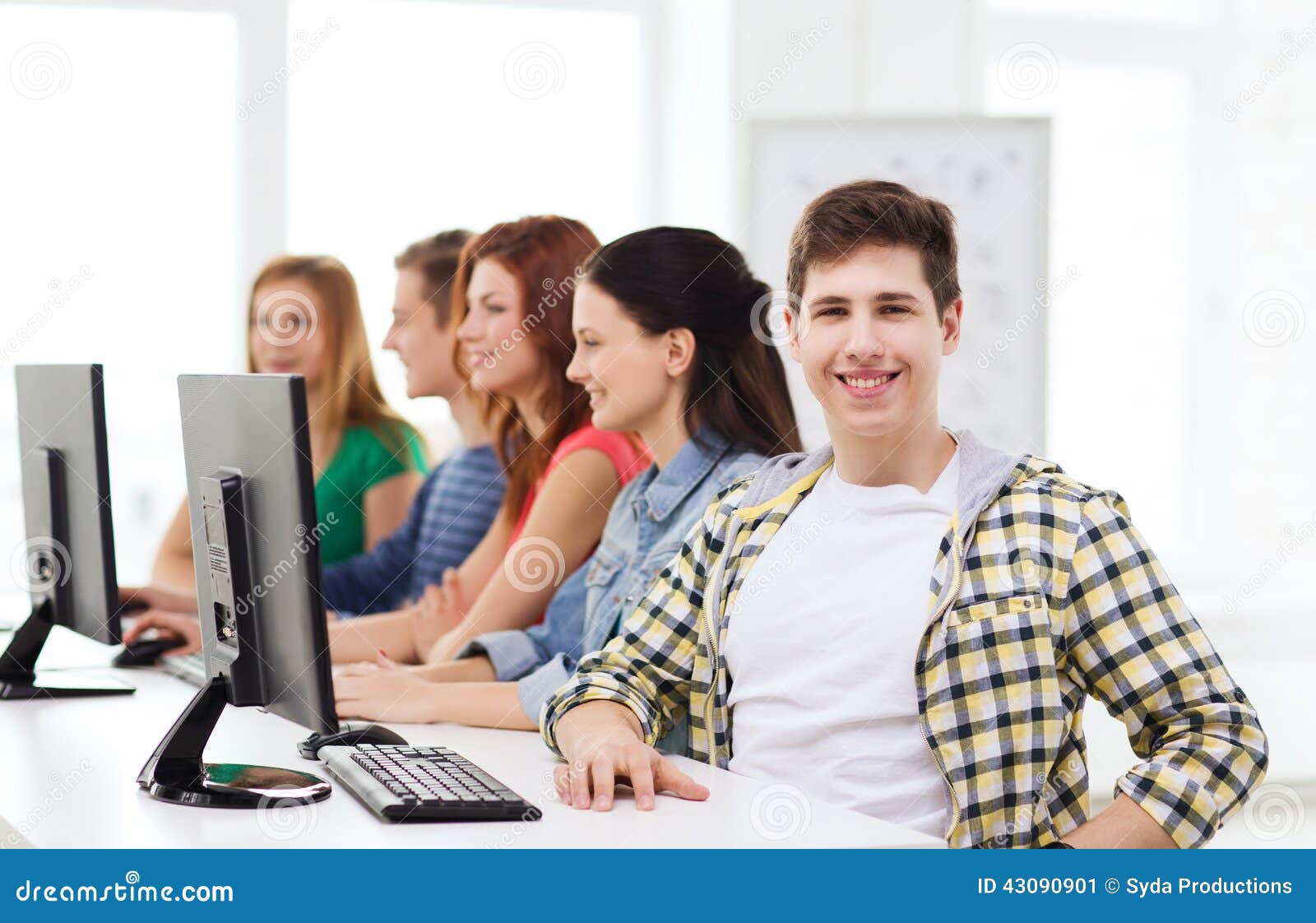 Male Student with Classmates in Computer Class Stock Image - Image of ...