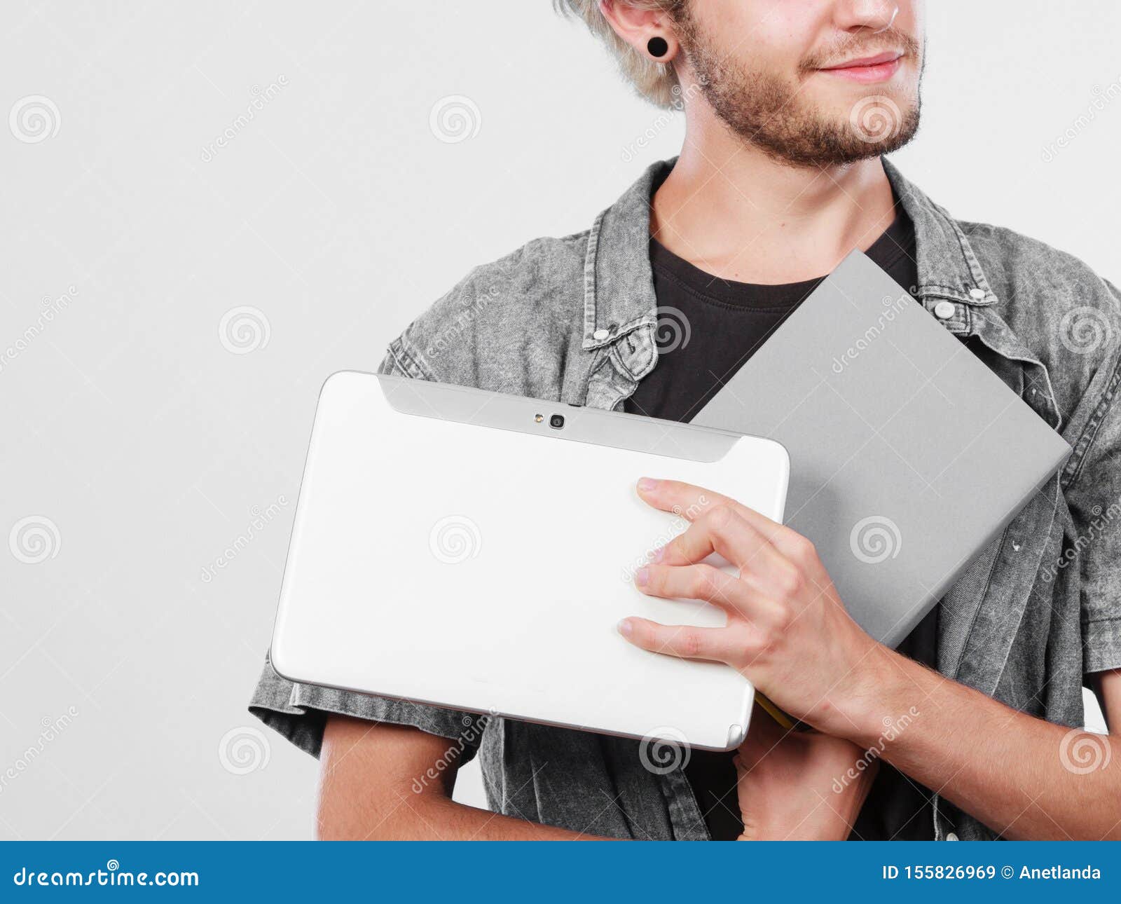Man Student Holding Tablet and Book Stock Image - Image of electronic ...