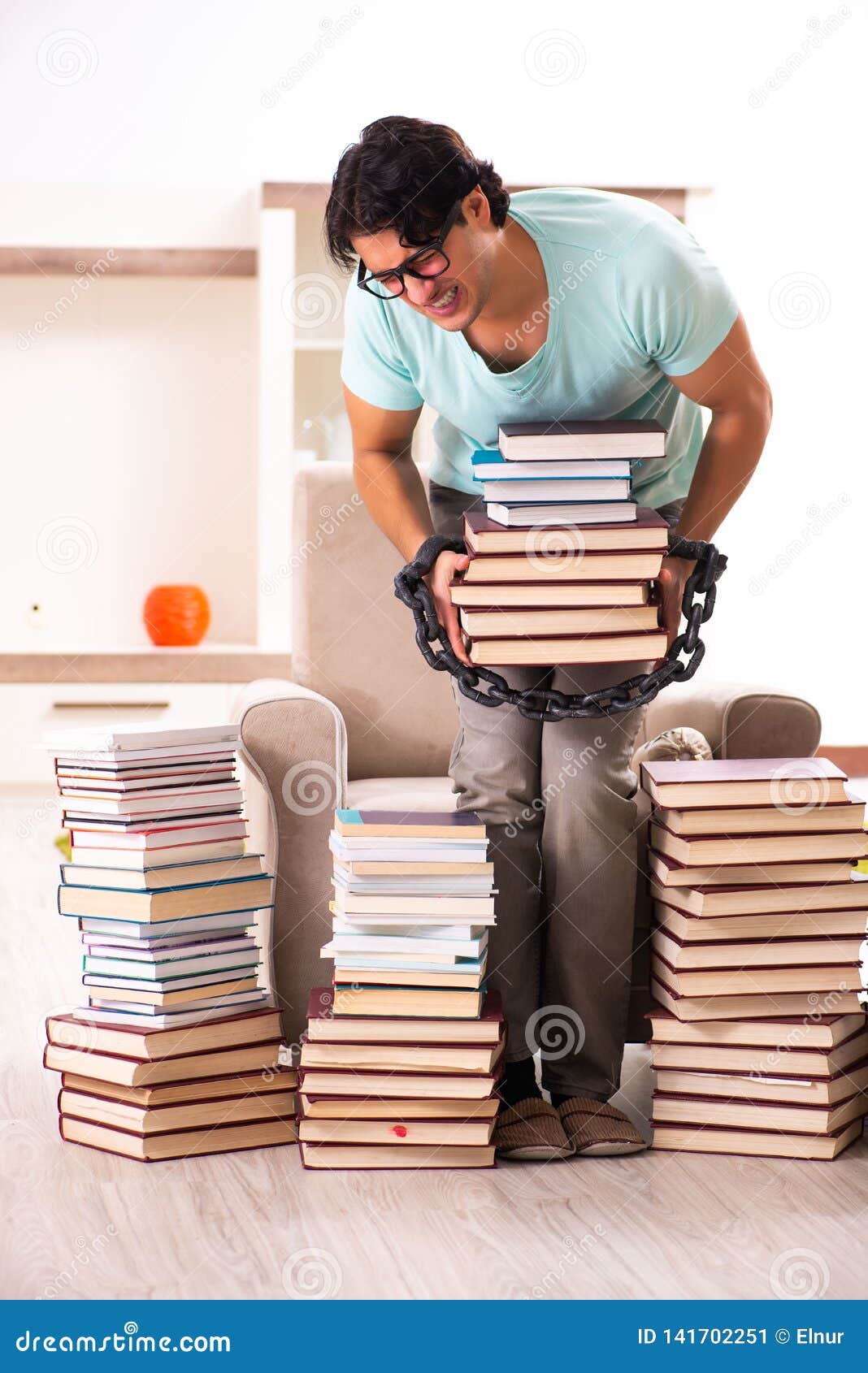 The Male Student with Many Books at Home Stock Image - Image of ...