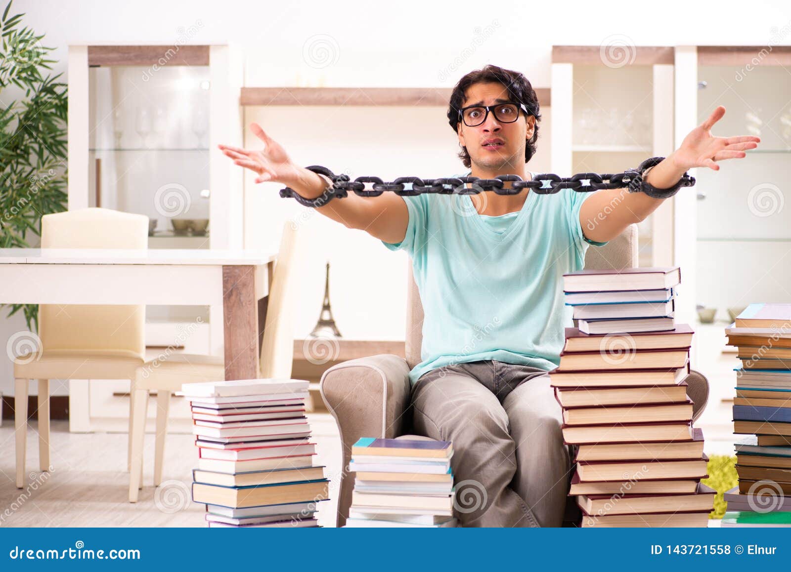 The Male Student with Many Books at Home Stock Photo - Image of science ...