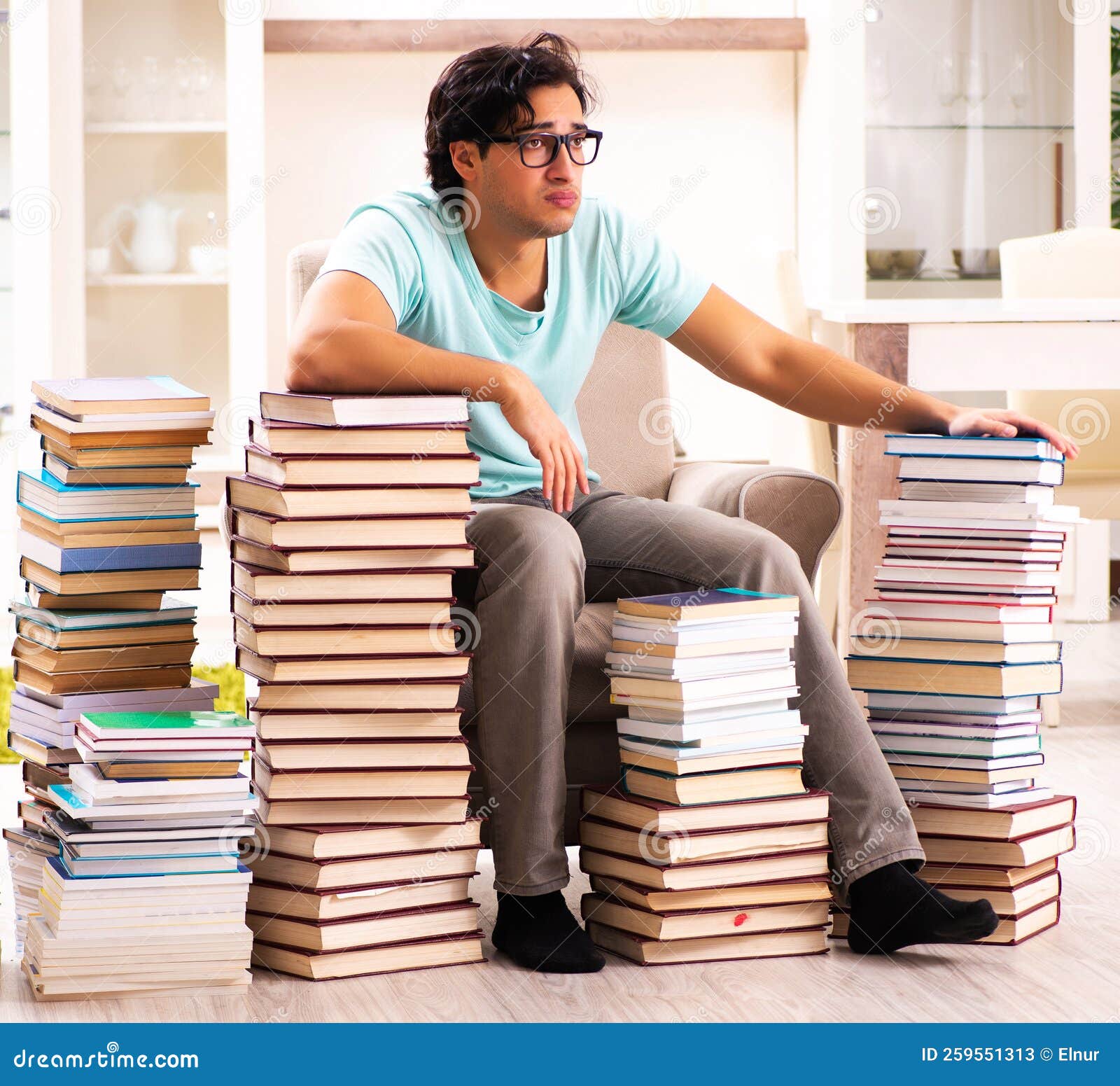 Male Student with Many Books at Home Stock Image - Image of home ...