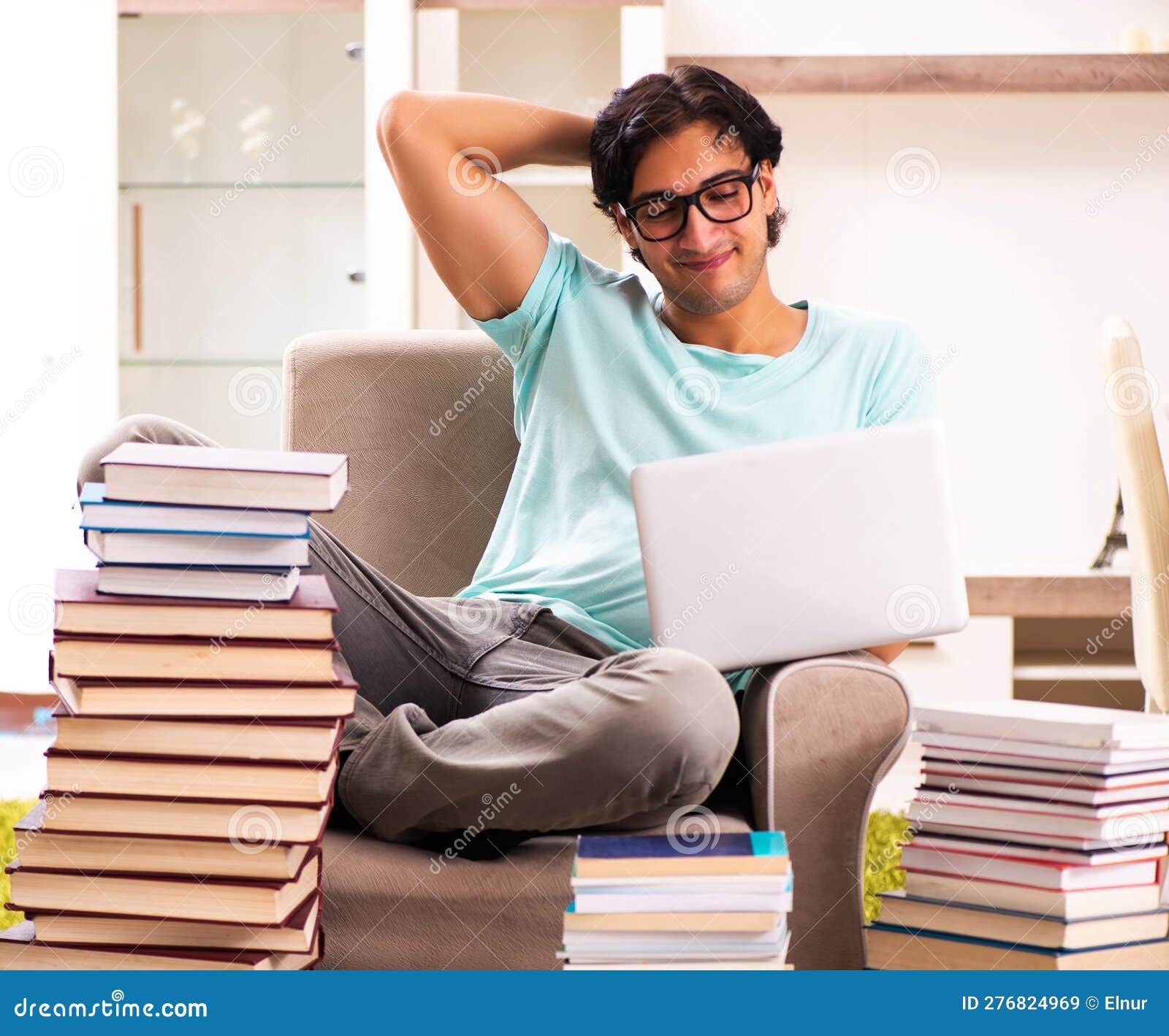 Male Student with Many Books at Home Stock Image - Image of exam ...
