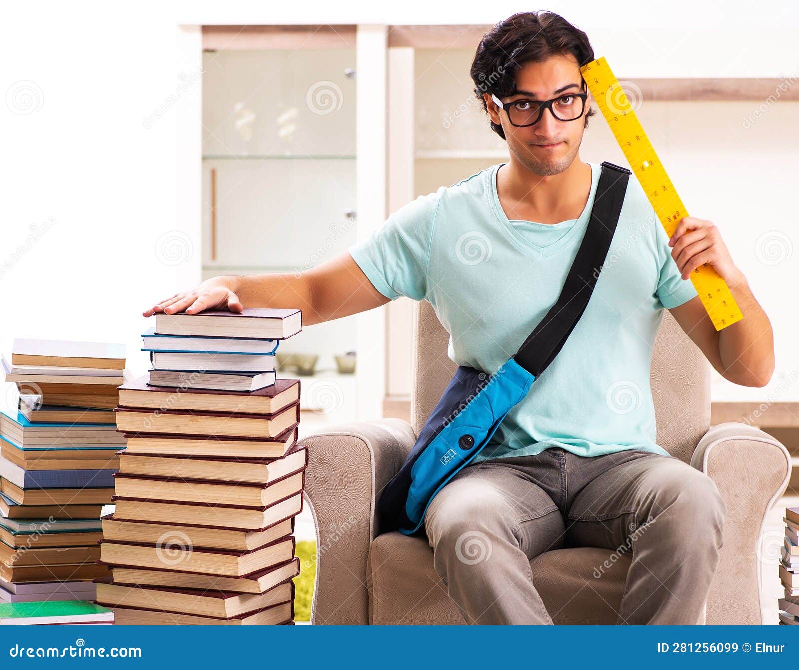 Male Student with Many Books at Home Stock Image - Image of homework ...