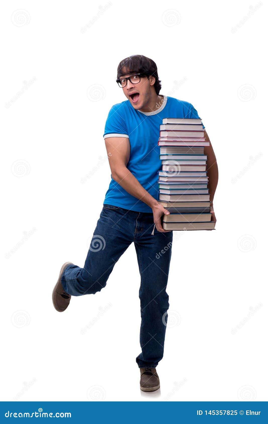 The Male Student with Many Books Isolated on White Stock Image - Image ...