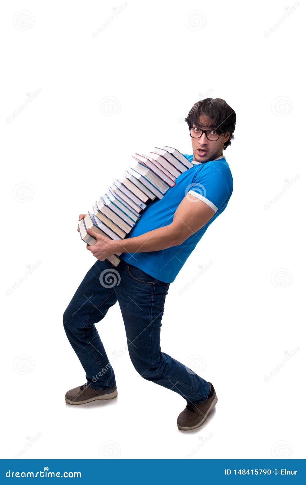 The Male Student with Many Books Isolated on White Stock Photo - Image ...