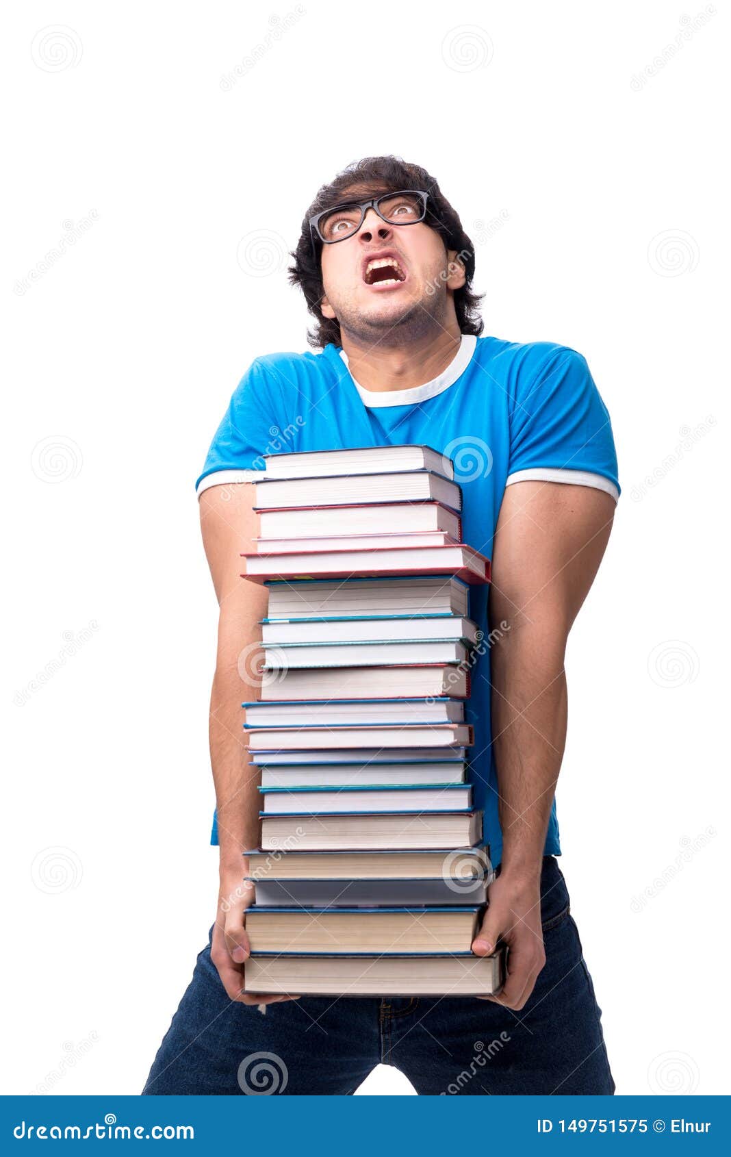 Male Student with Many Books Isolated on White Stock Image - Image of ...