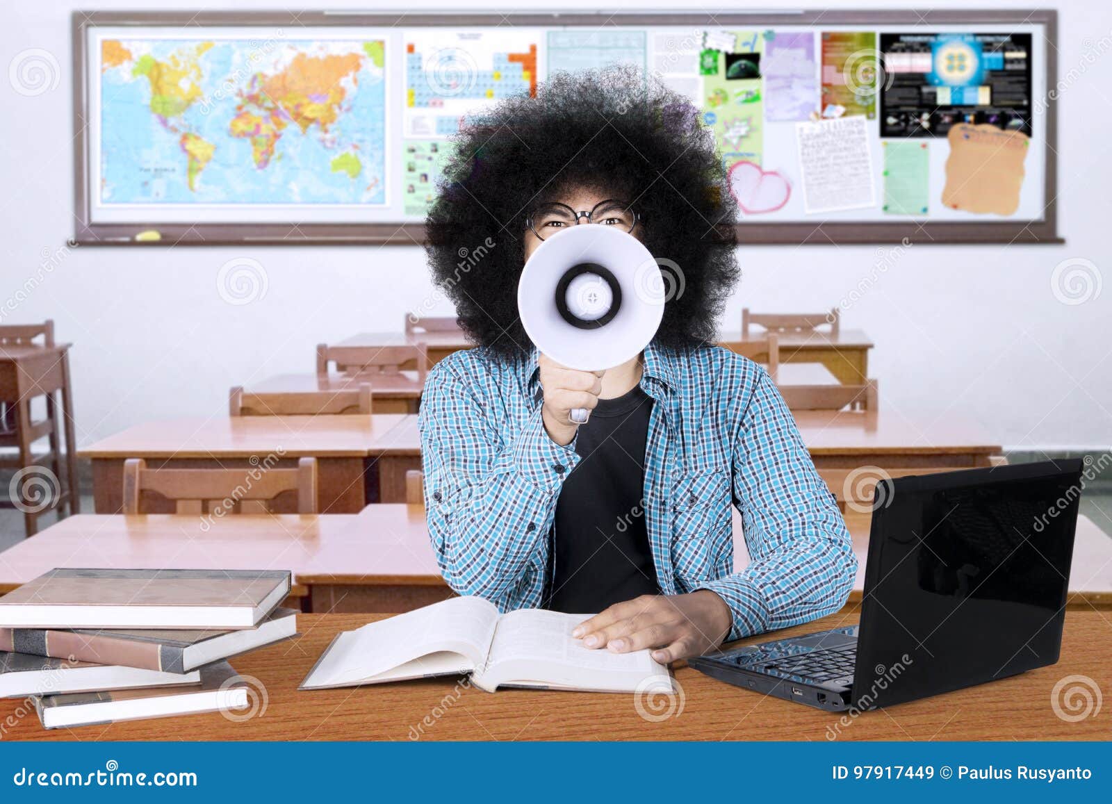 Male Student with a Megaphone in the Classroom Stock Image - Image of ...