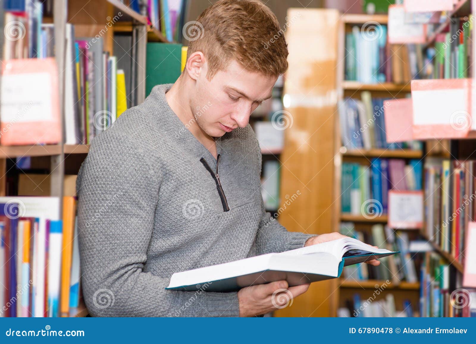 Male Student Reading Book in Library Stock Photo - Image of read ...