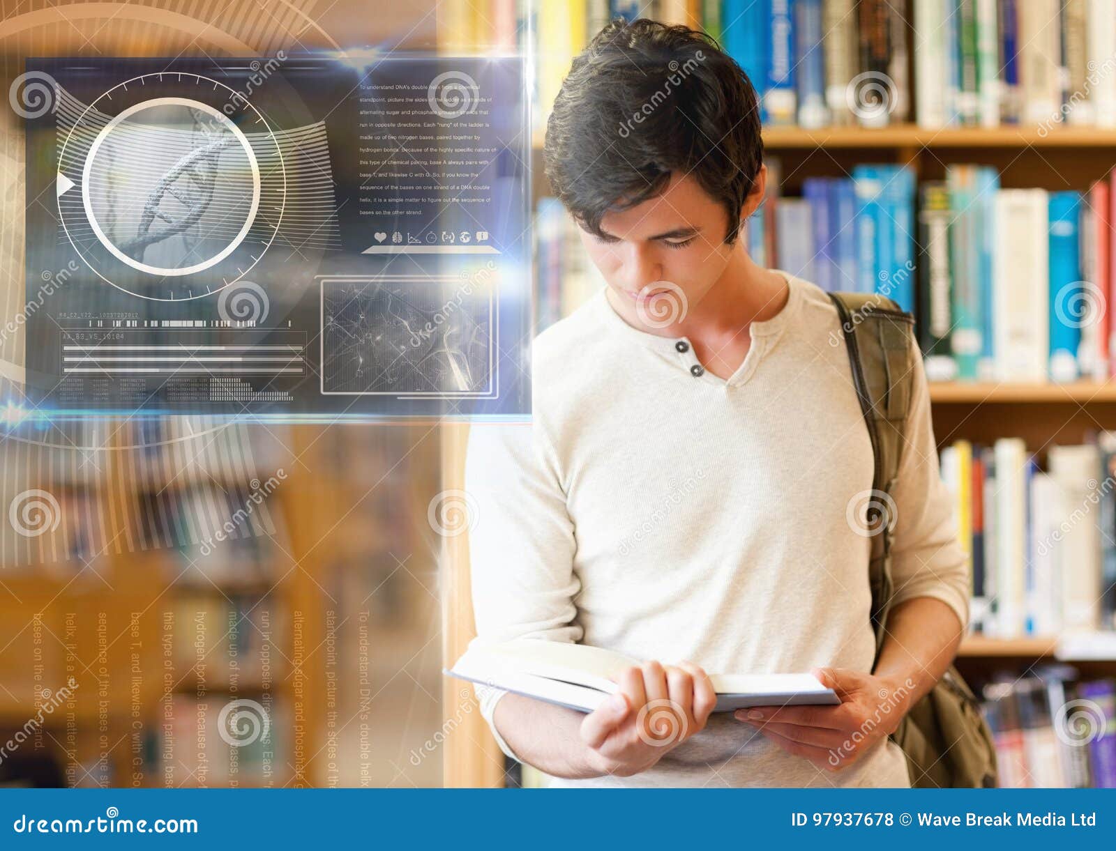 Male Student Studying with Book and Science Education Interface ...