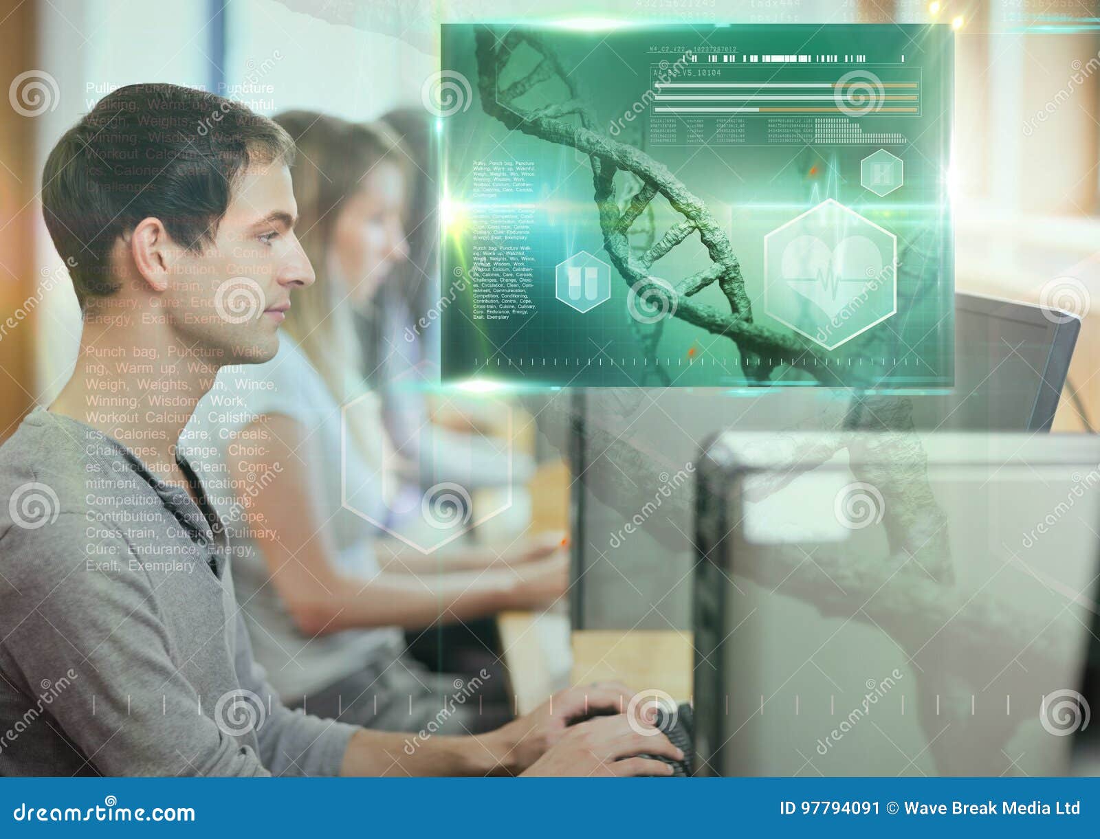 Male Student Studying with Computer and Science Education Interface ...