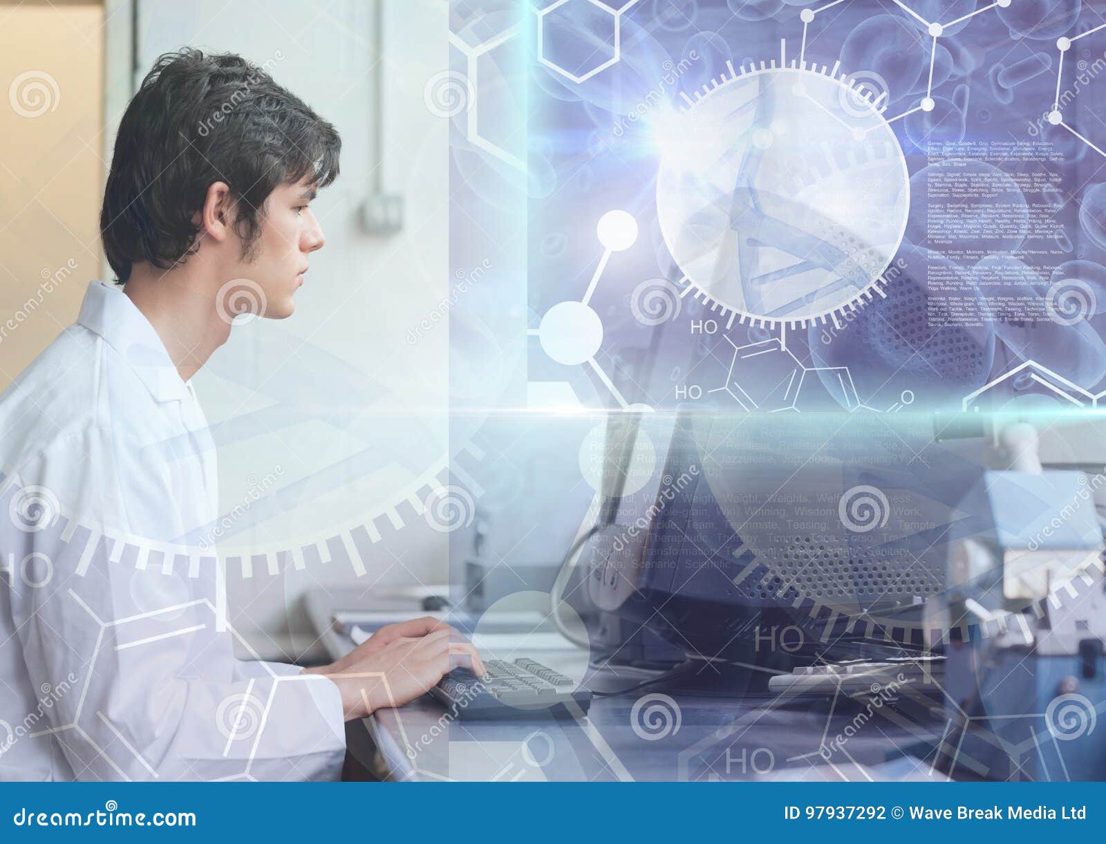 Male Student Studying with Computer and Science Education Interface ...