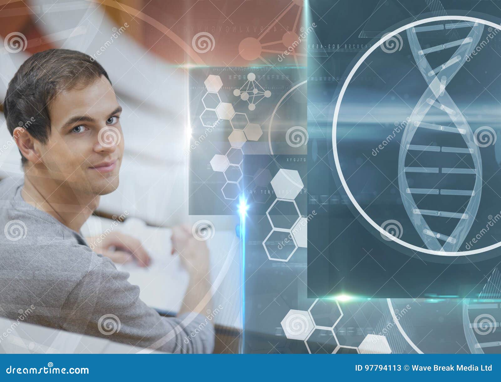 Male Student Studying with Notes and Science Education Interface ...