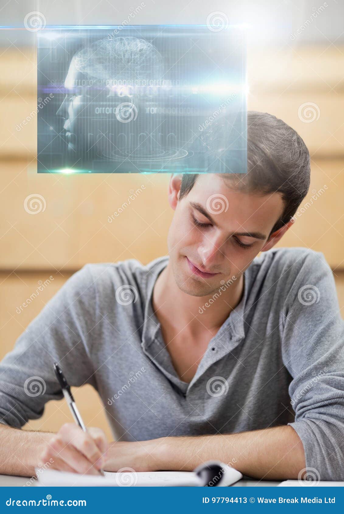Male Student Studying with Notes and Science Education Interface ...