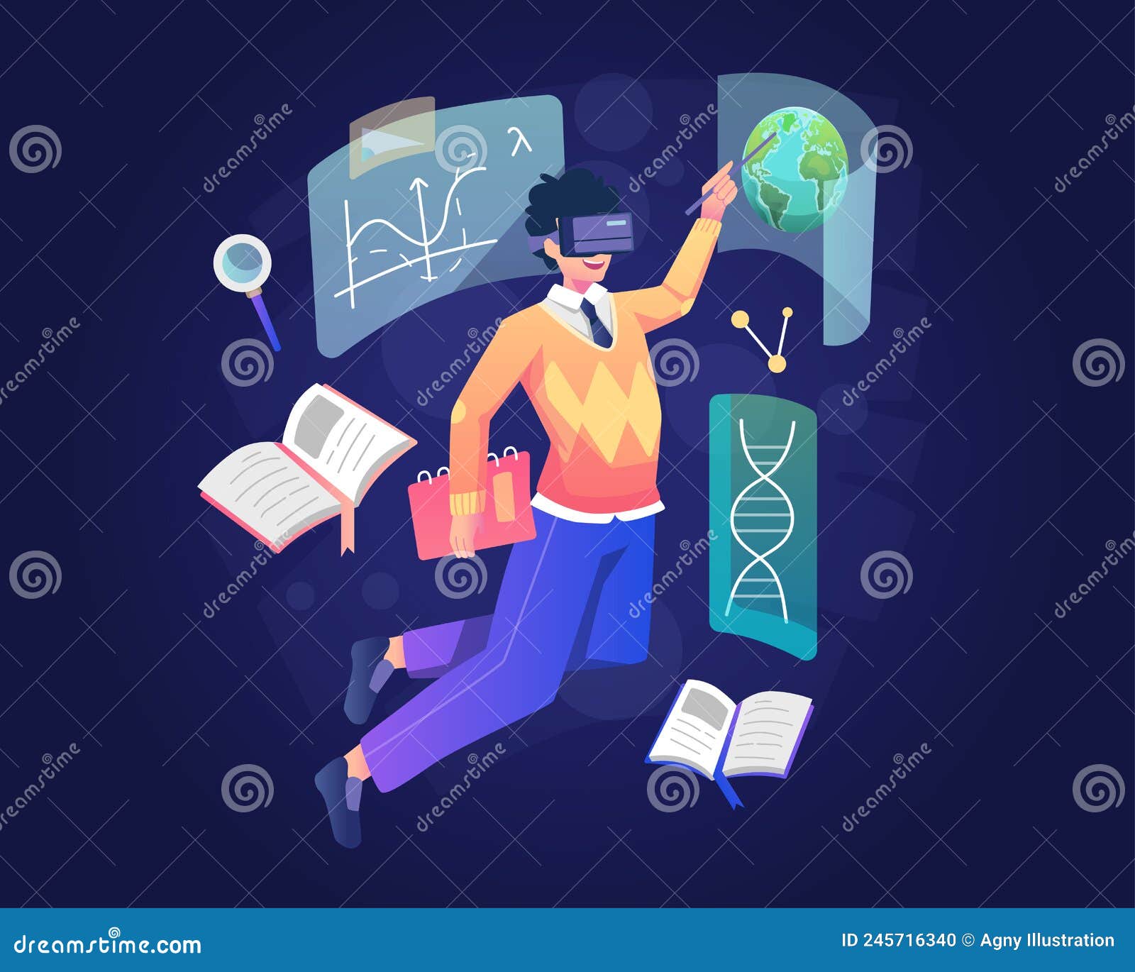 A Male Student is Studying with Wearing a VR Headset. Virtual Reality ...