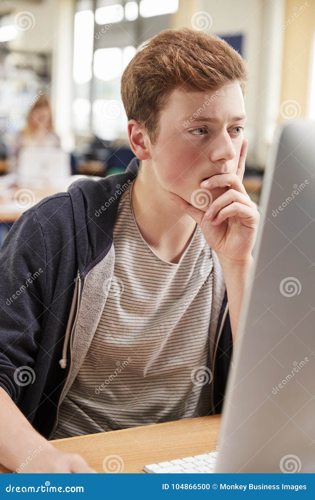 Male Student Working on Computer in College Library Stock Photo - Image ...